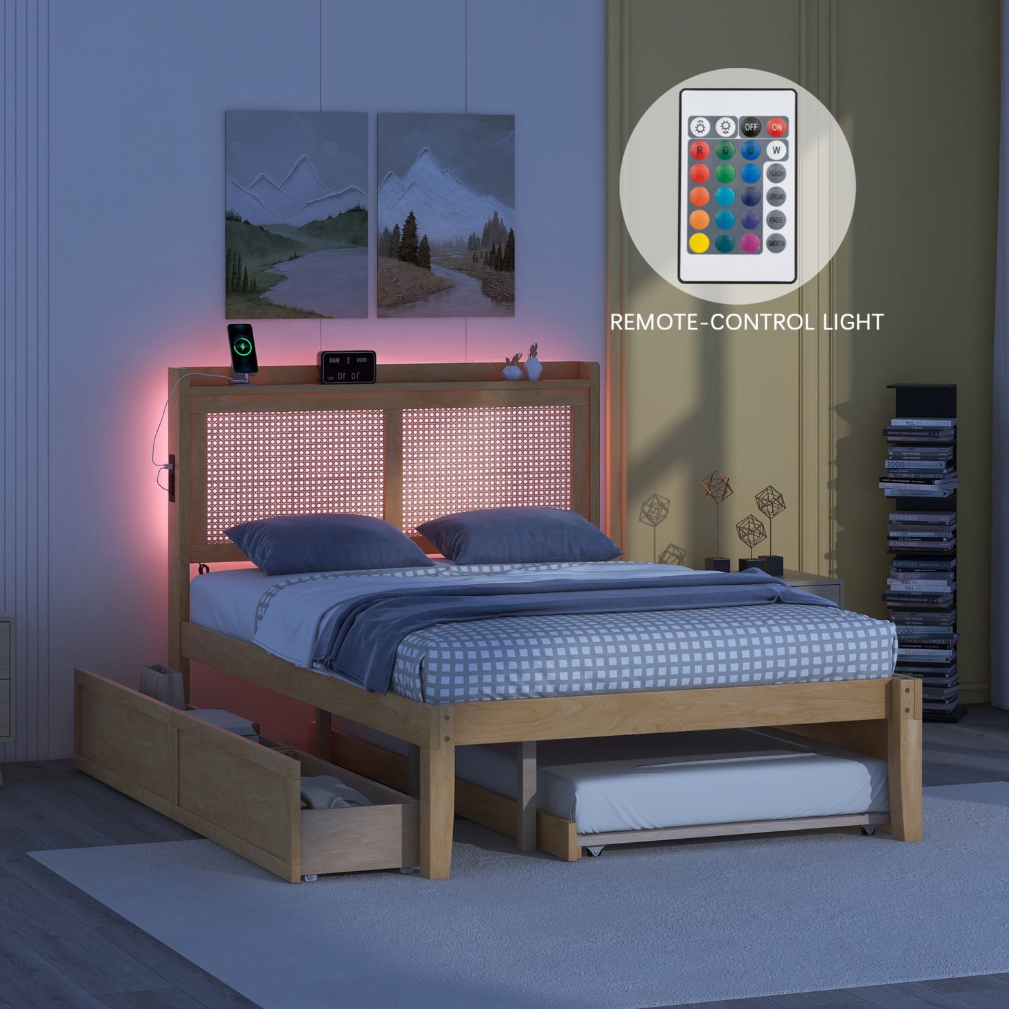 Full Size Platform Bed with Rattan Headboard, Sockets and 2 Storage ...