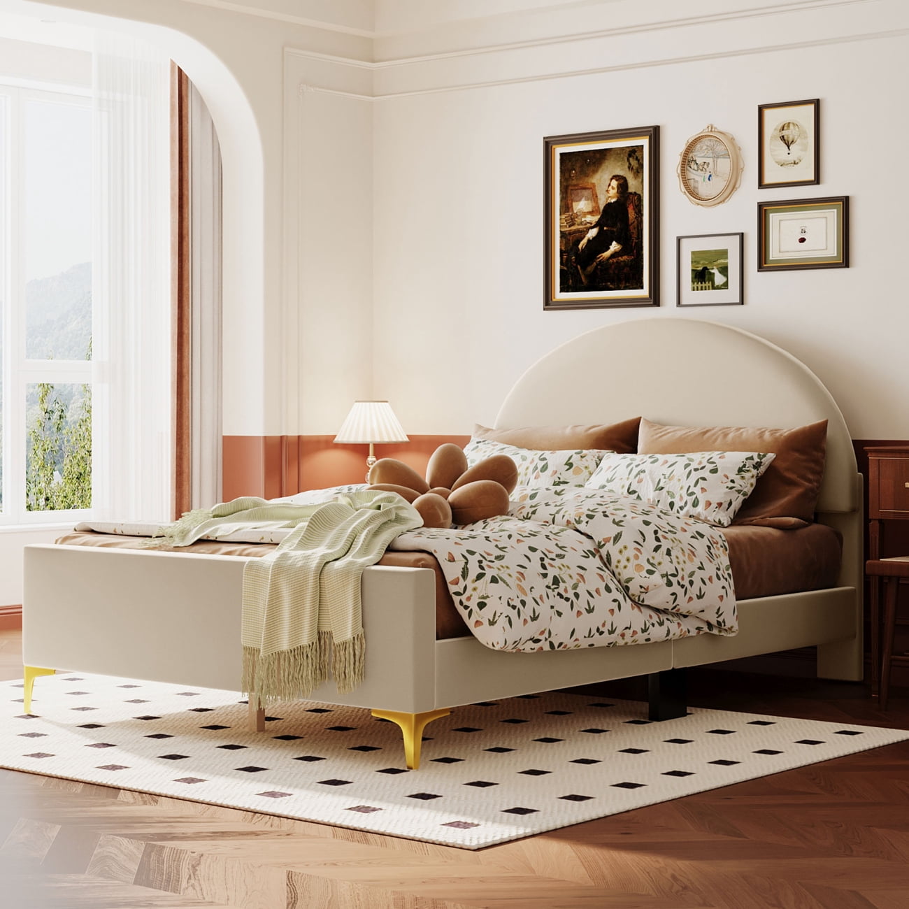 Full Size Platform Bed with Semi-Circle Shaped Headboard, Velvet ...