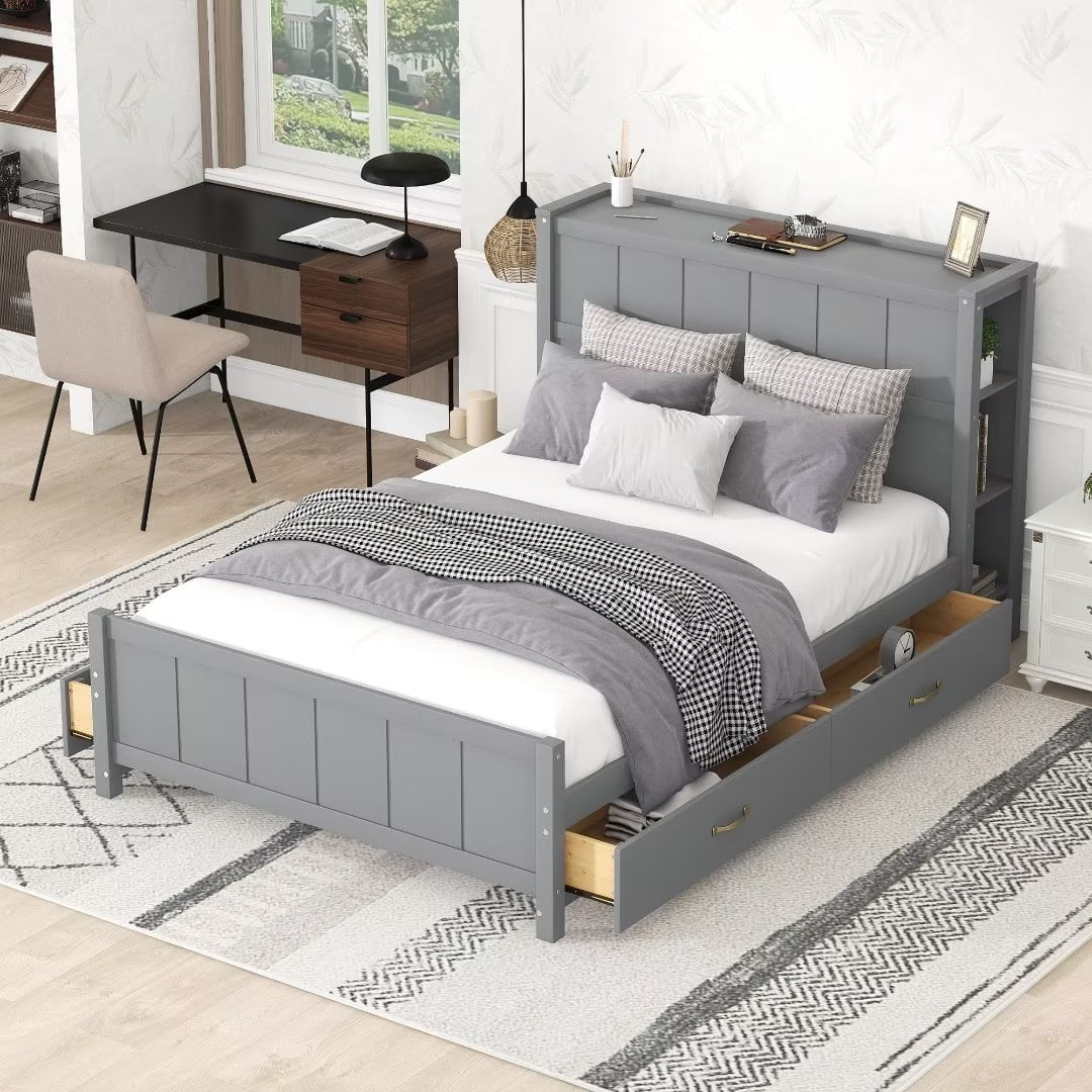 Full Size Platform Bed,Solid Wood Platform Bed Frame with Drawers and ...