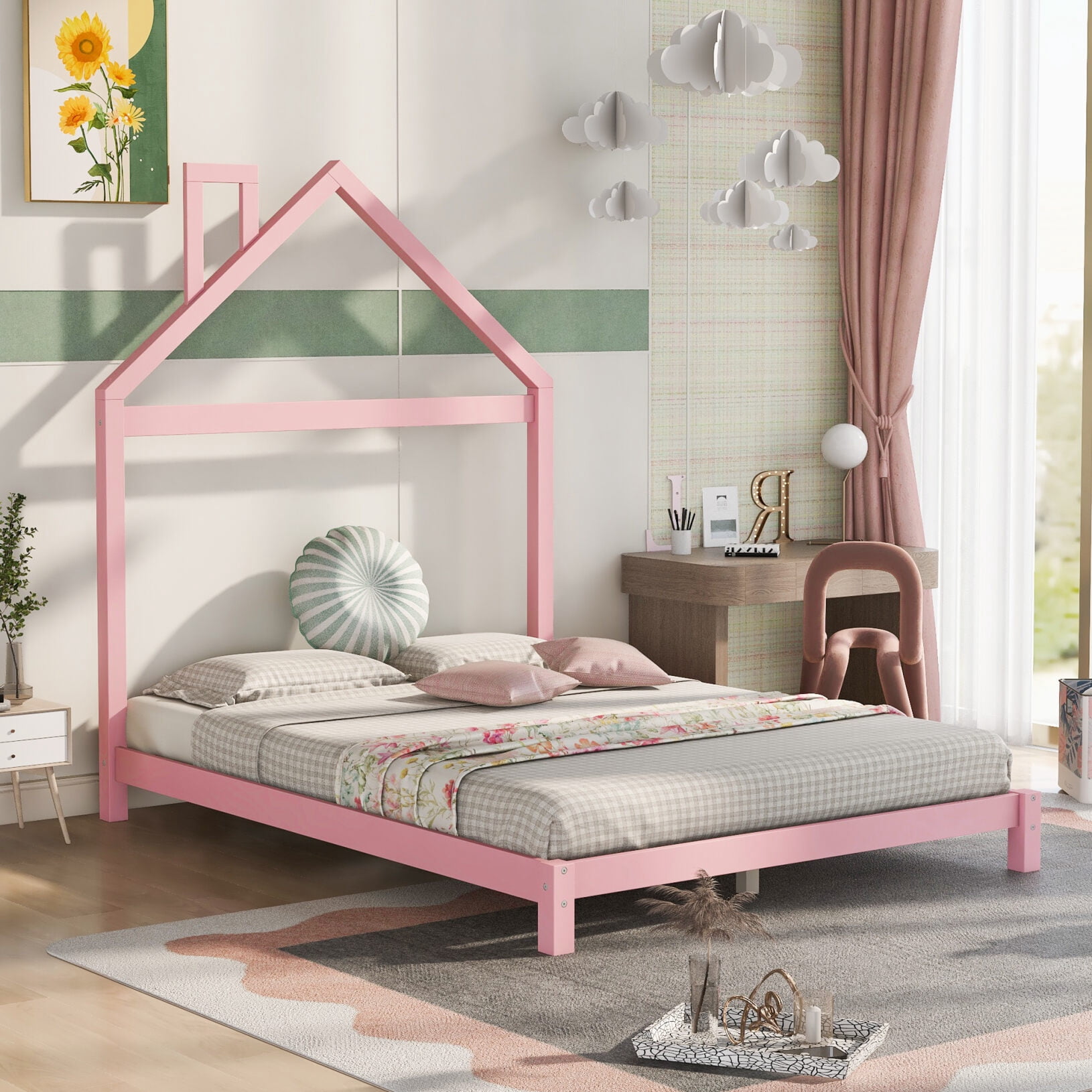 Full Size Platform Bed, Solid Wood Bed Frame with House-shaped ...