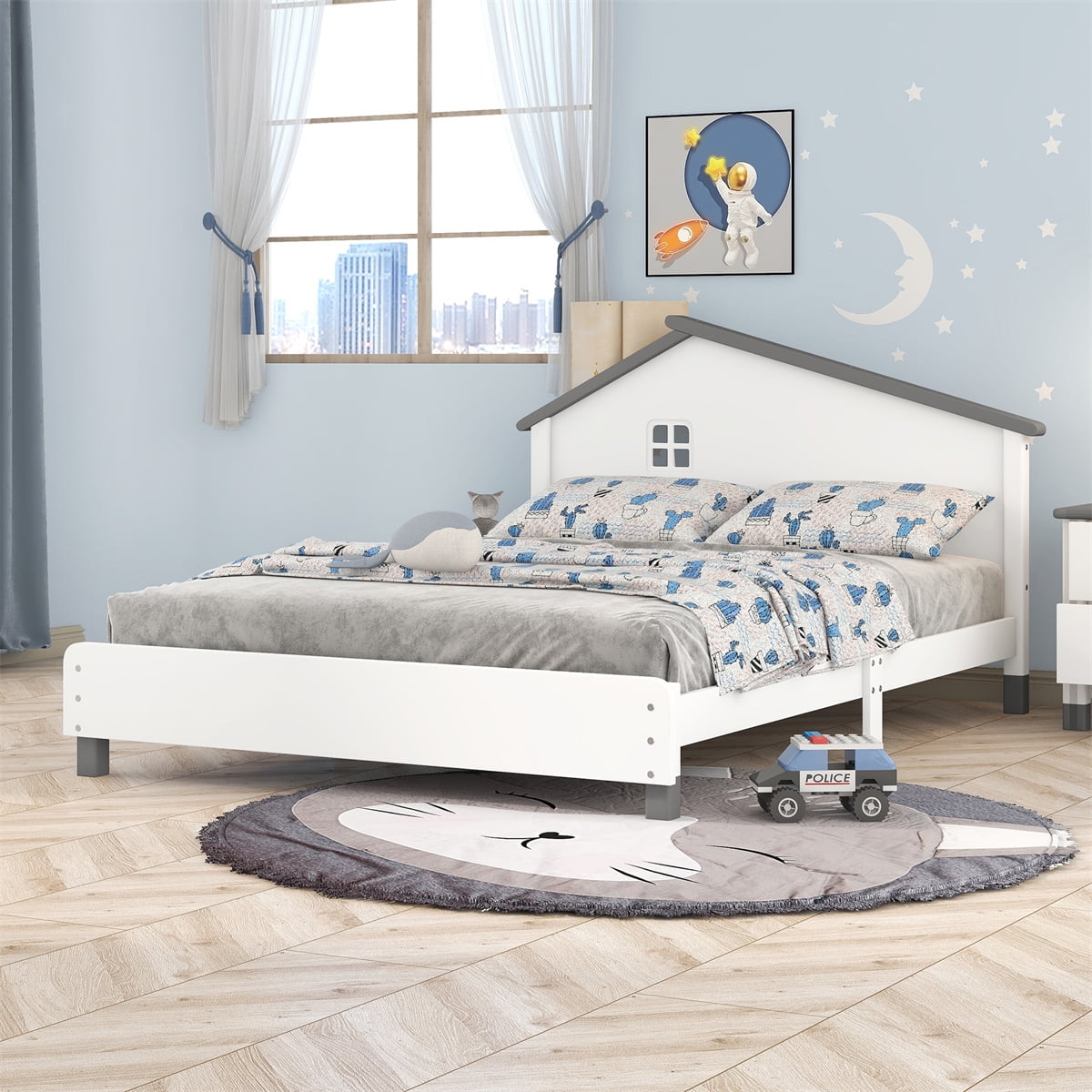 Full Size Platform Bed, Solid Wood Plaatform Bed Frame with House ...