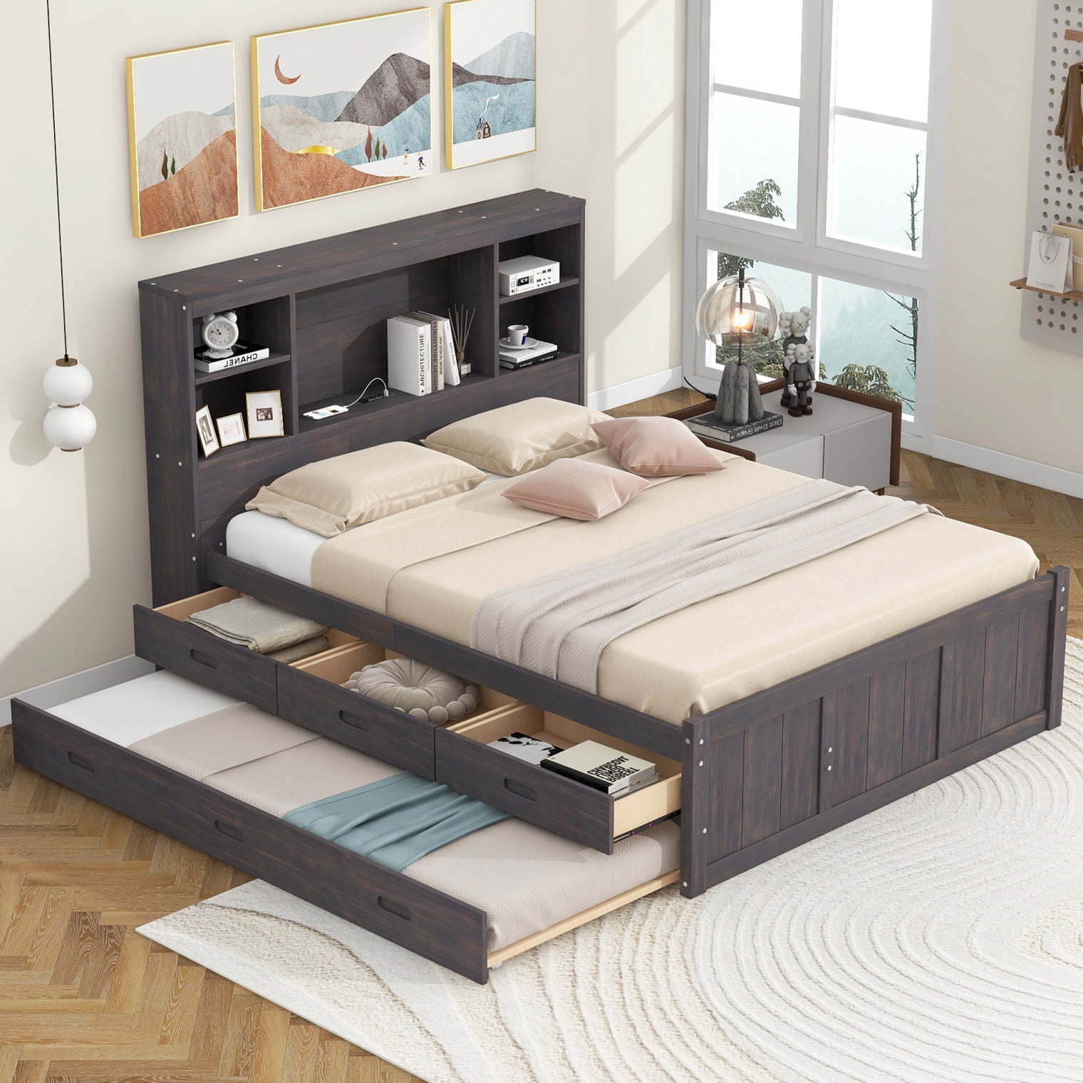 Full Size Platform Bed with Storage Headboard and Charging Station ...