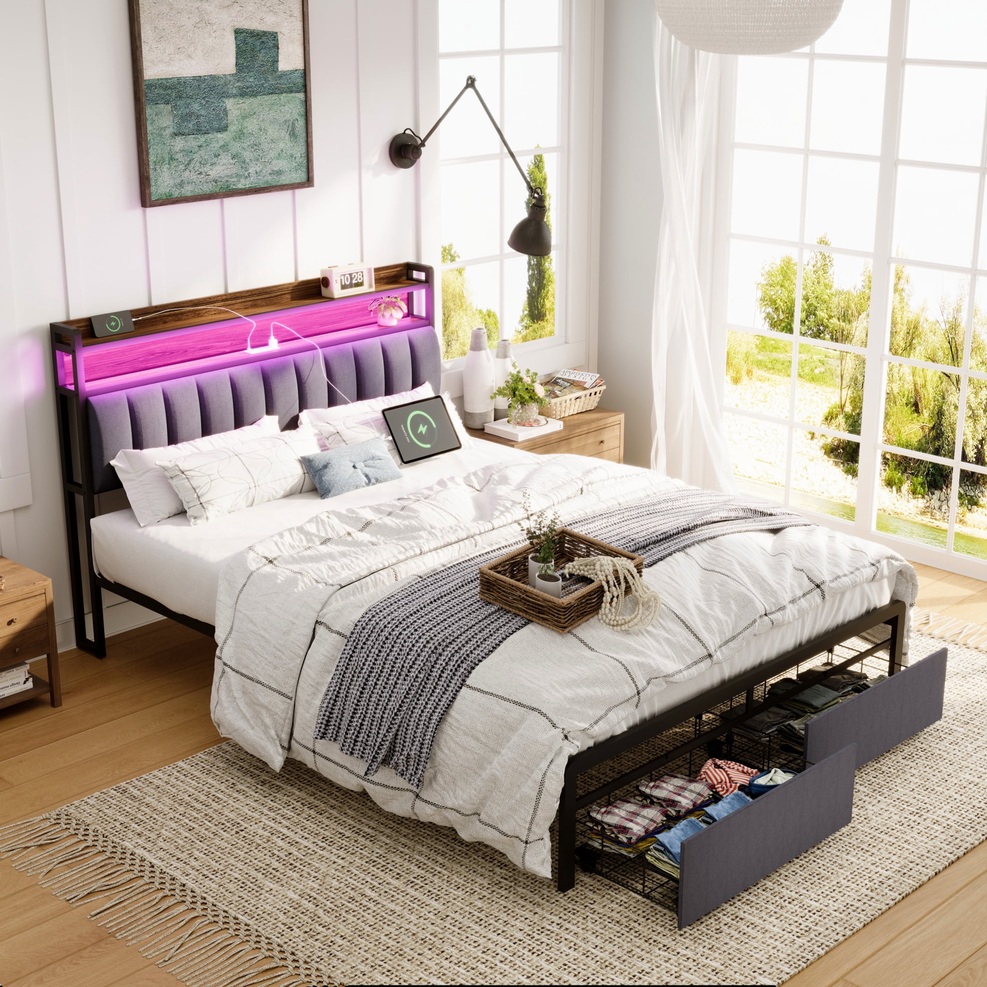 Full Size Platform Bed with Storage Headboard and Drawers, LED ...