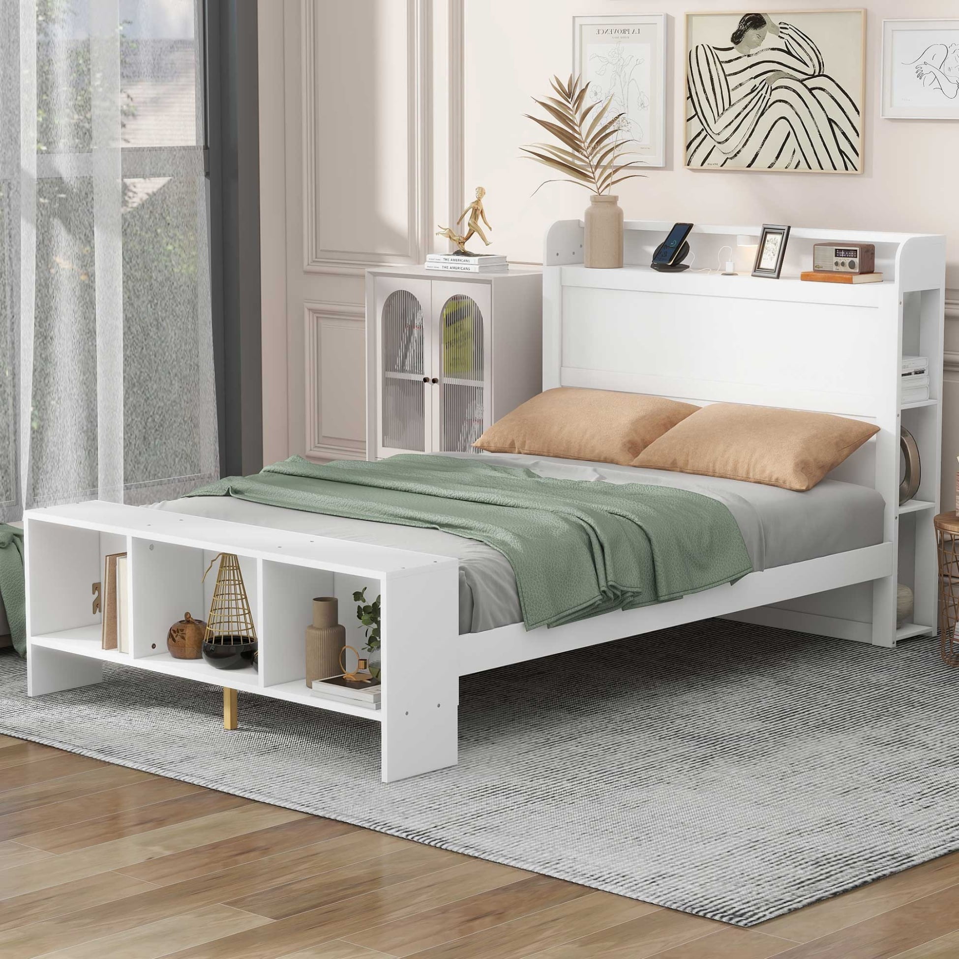 Full Size Platform Bed with Storage Headboard and Footboard, Solid Wood ...