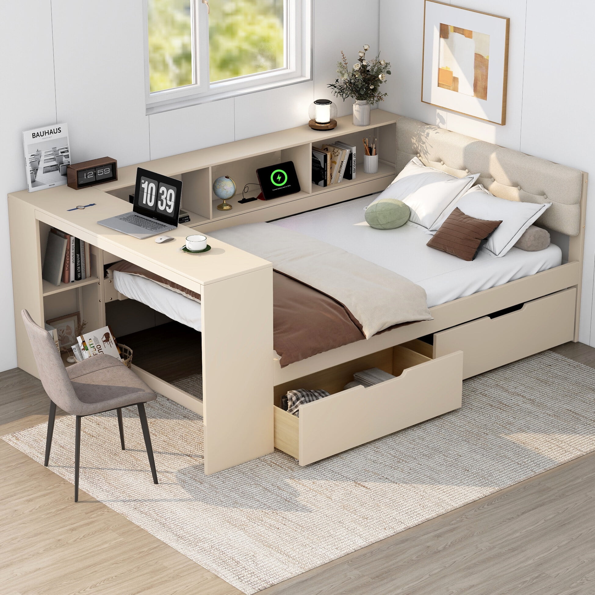 Full Size Platform Bed with Storage Shelves & Drawers, Modern Cream ...