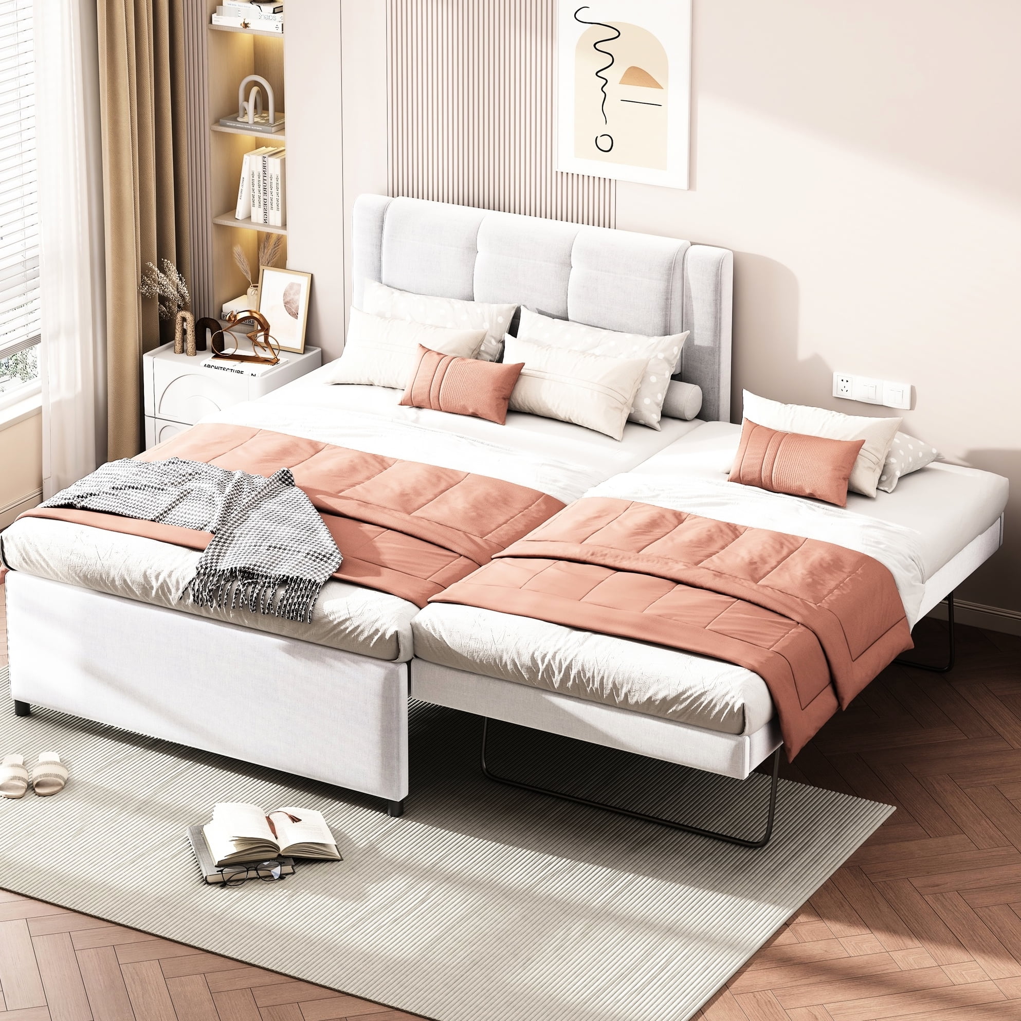 Full Size Platform Bed With Trundle In Beige Linen. Build. Headboard ...