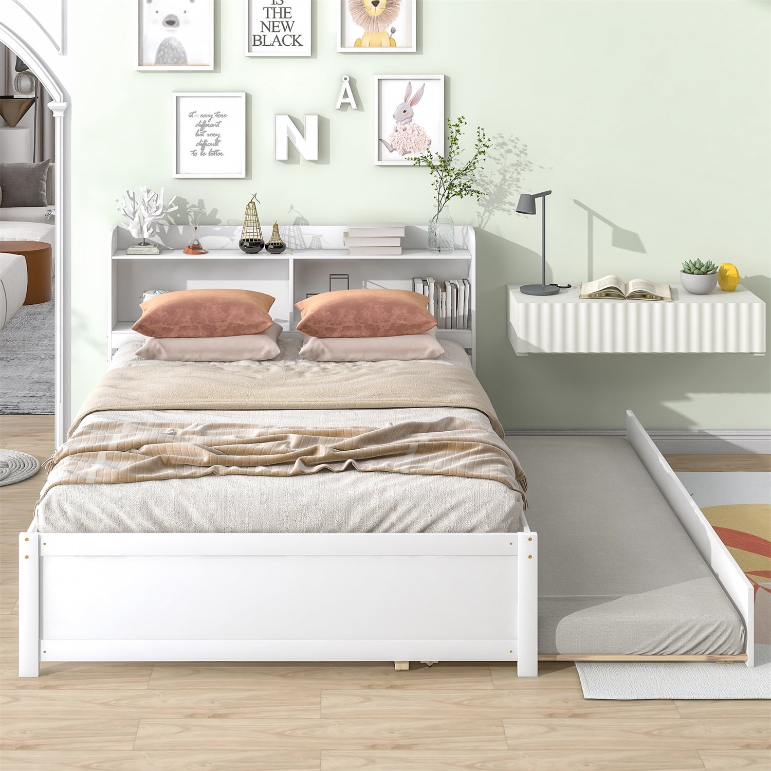 Full Size Platform Bed with Trundle Wood Platform Bed Frame with ...