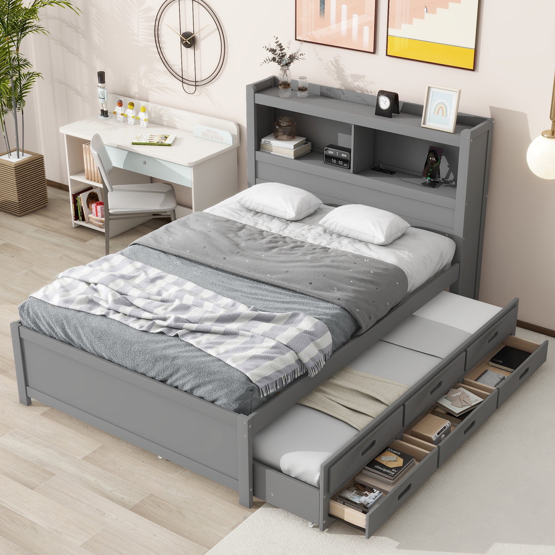Full Size Platform Bed with Trundle, Wooden Platform Bed Frame with ...