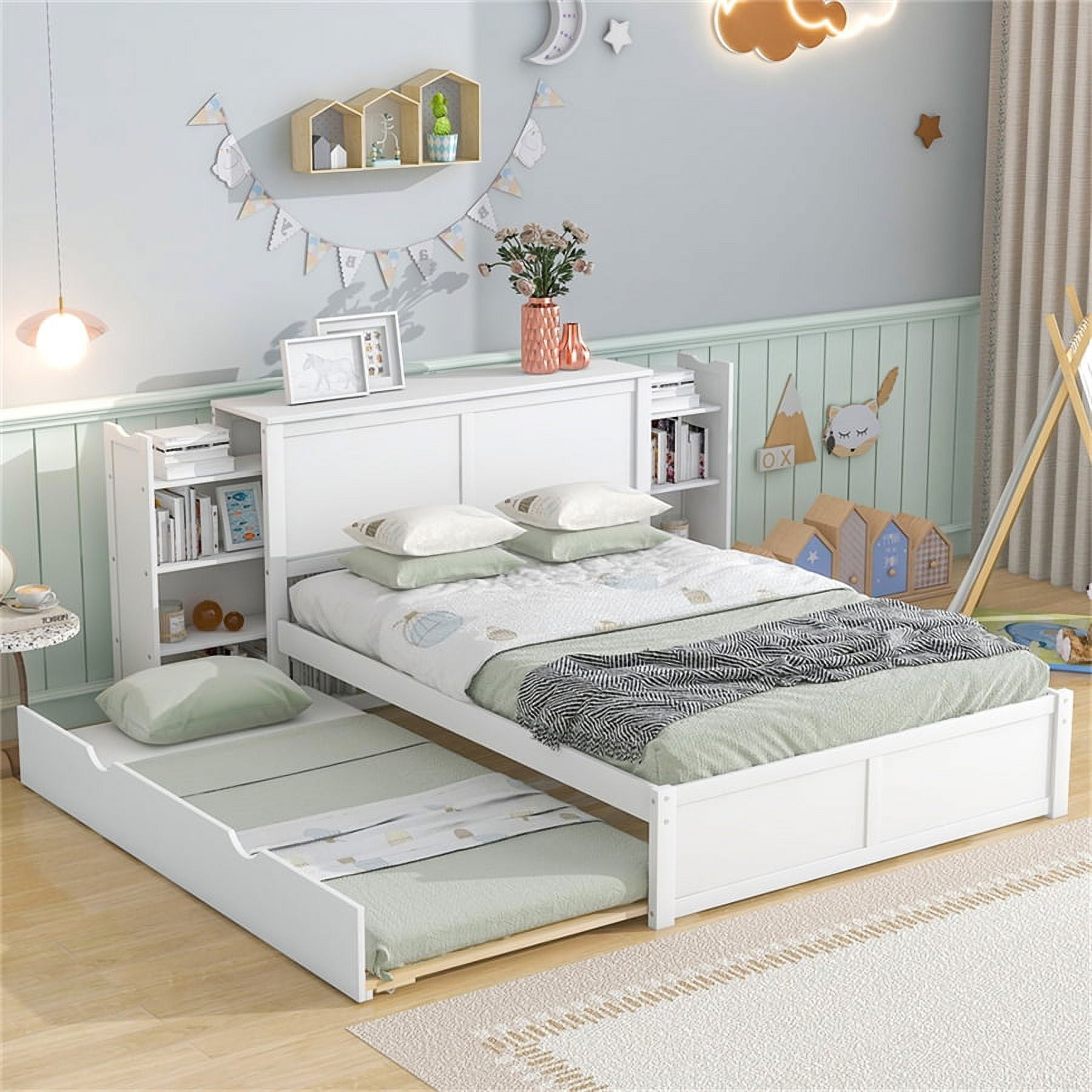 Triple Tree Full Size Storage Platform Bed with Twin Trundle and Pull Out Shelves White