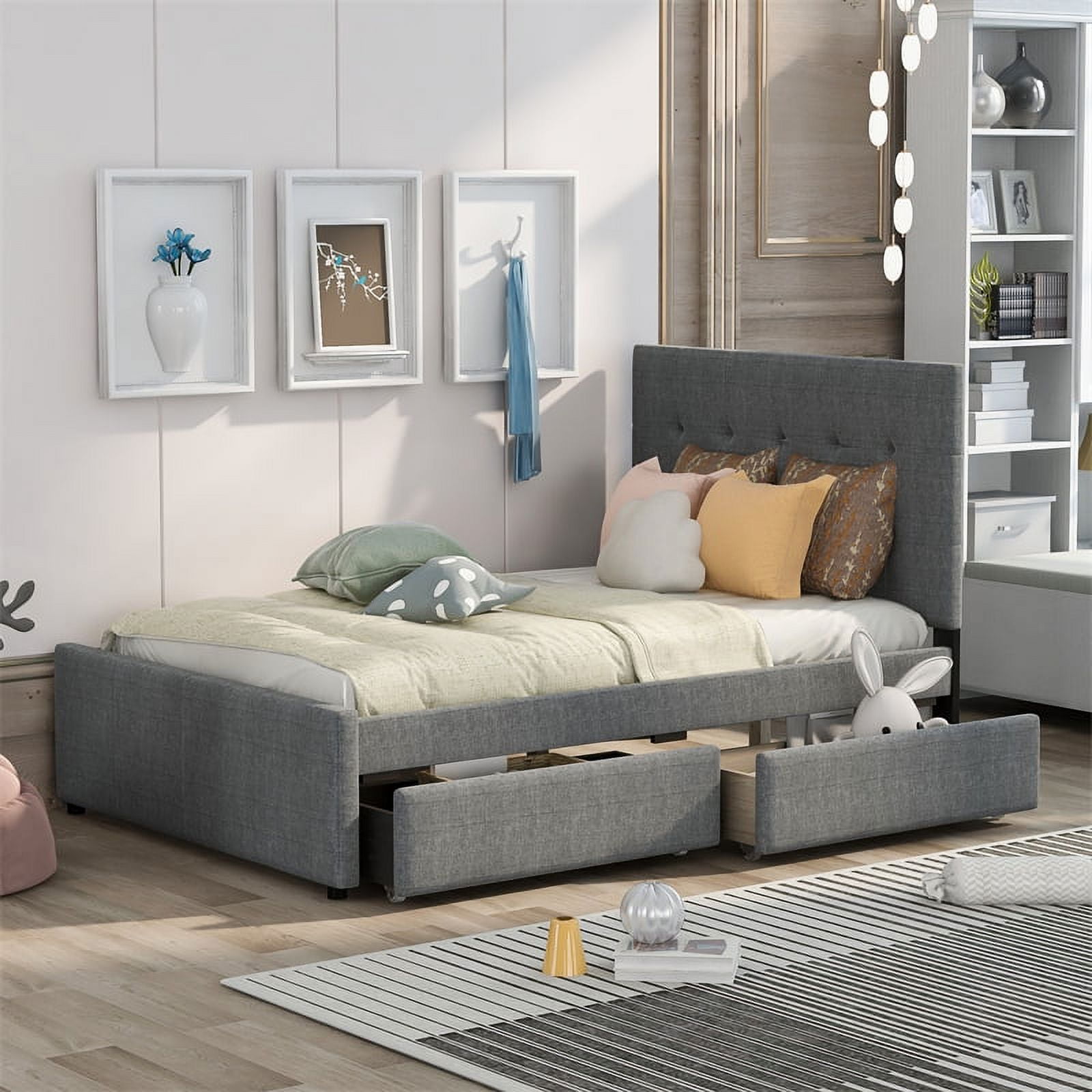 Full Size Platform Bed with Two Drawers, Linen Upholstered Platform Bed ...