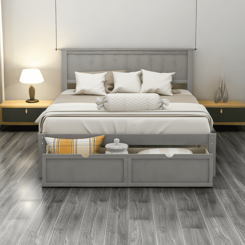 Full Size Platform Bed with Under-Bed Storage Drawer, Modern Solid Wood ...