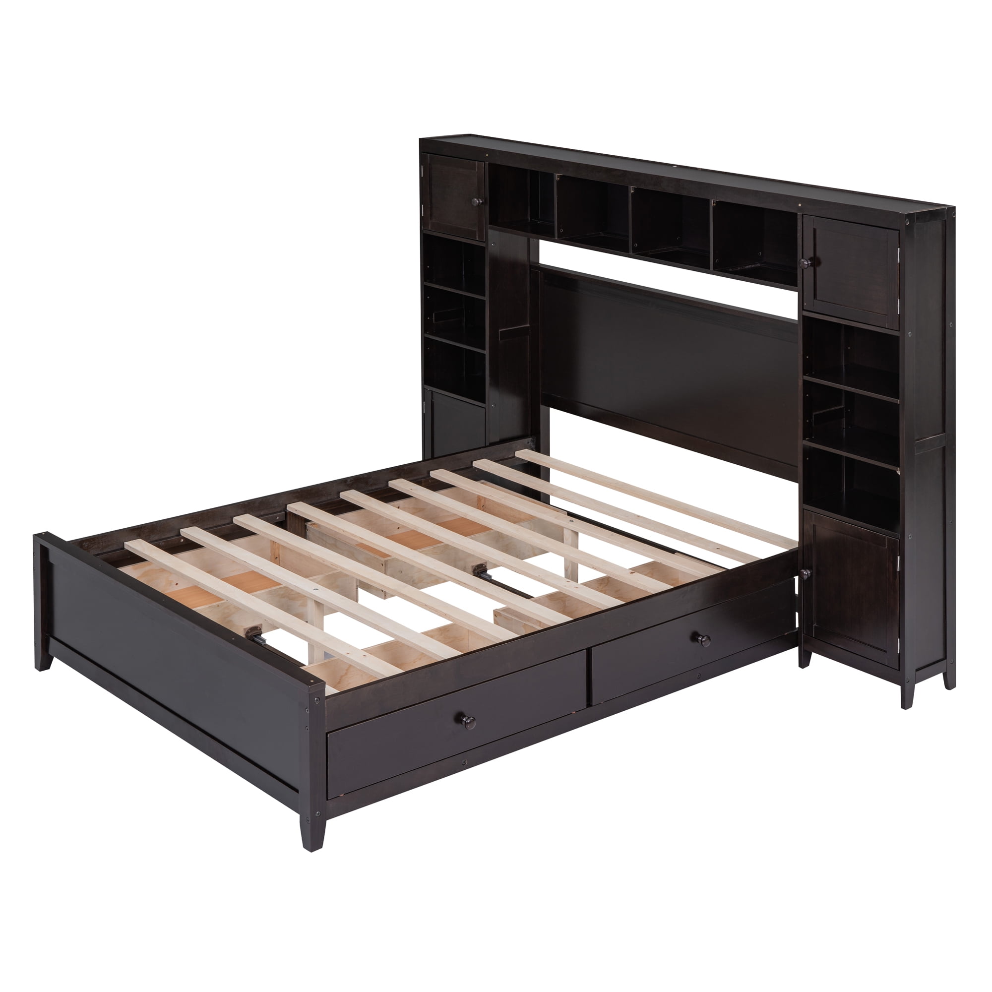 Full Size Platform Bed With 4 Storage Drawers And Bookcase Headboard ...