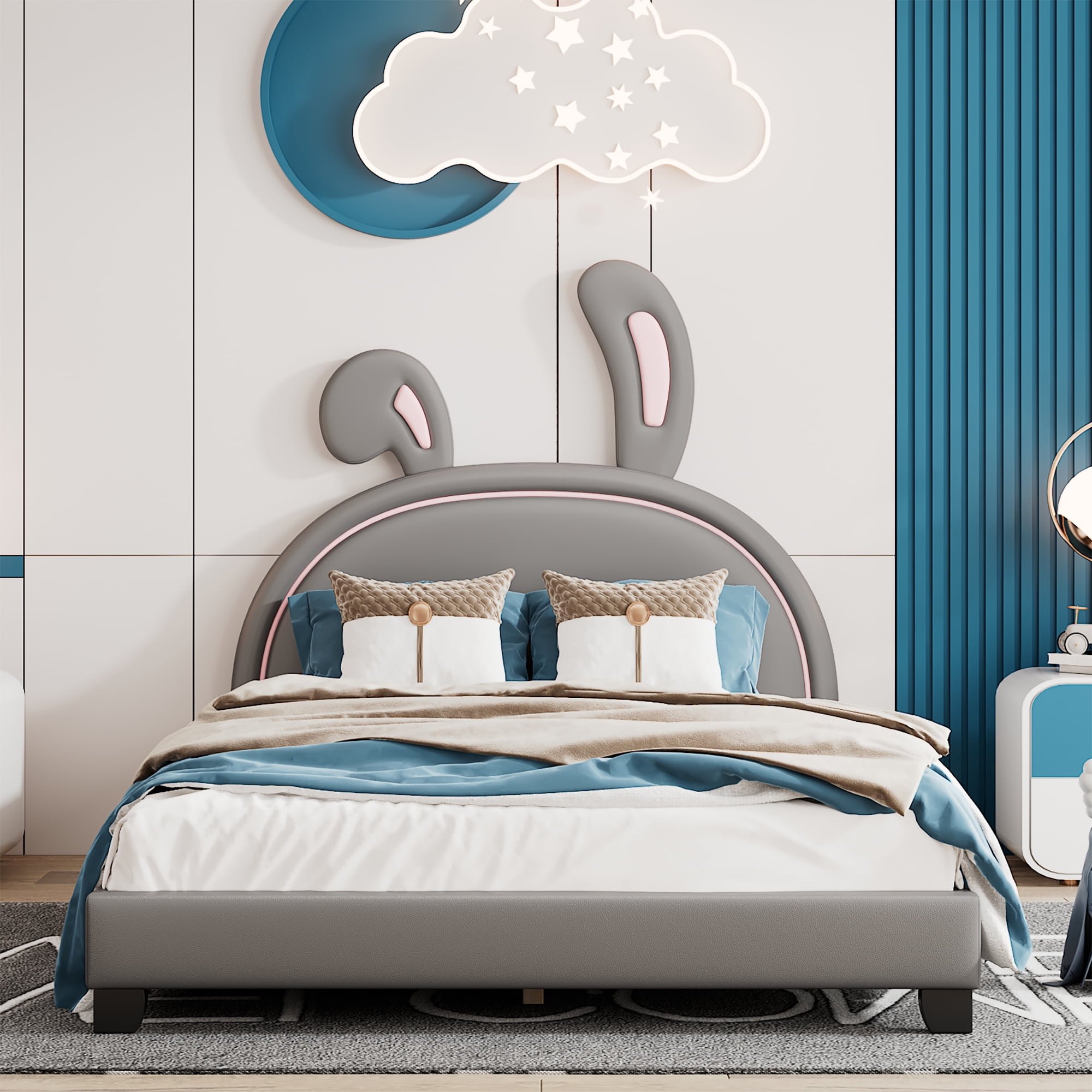 Full Size Platform Bed With Rabbit Ears Shaped Headboard Bed Frame ...