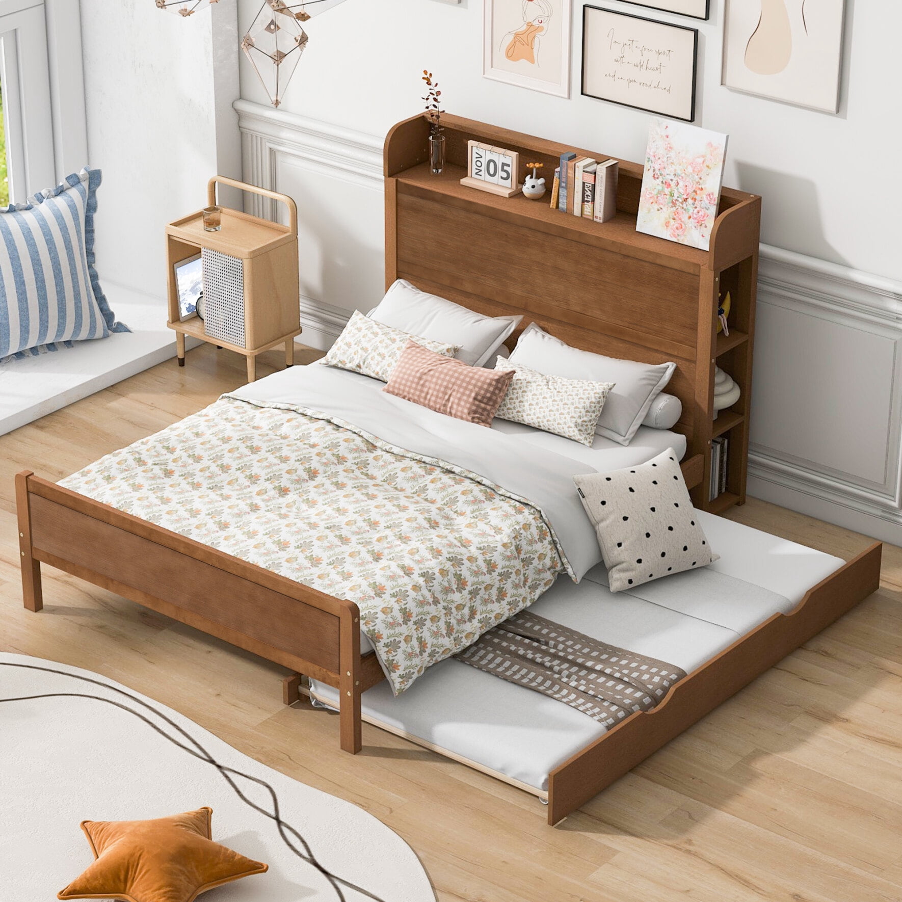 Full Size Platform Bed, Wood Bed Frame with Storage Headboard & Twin ...