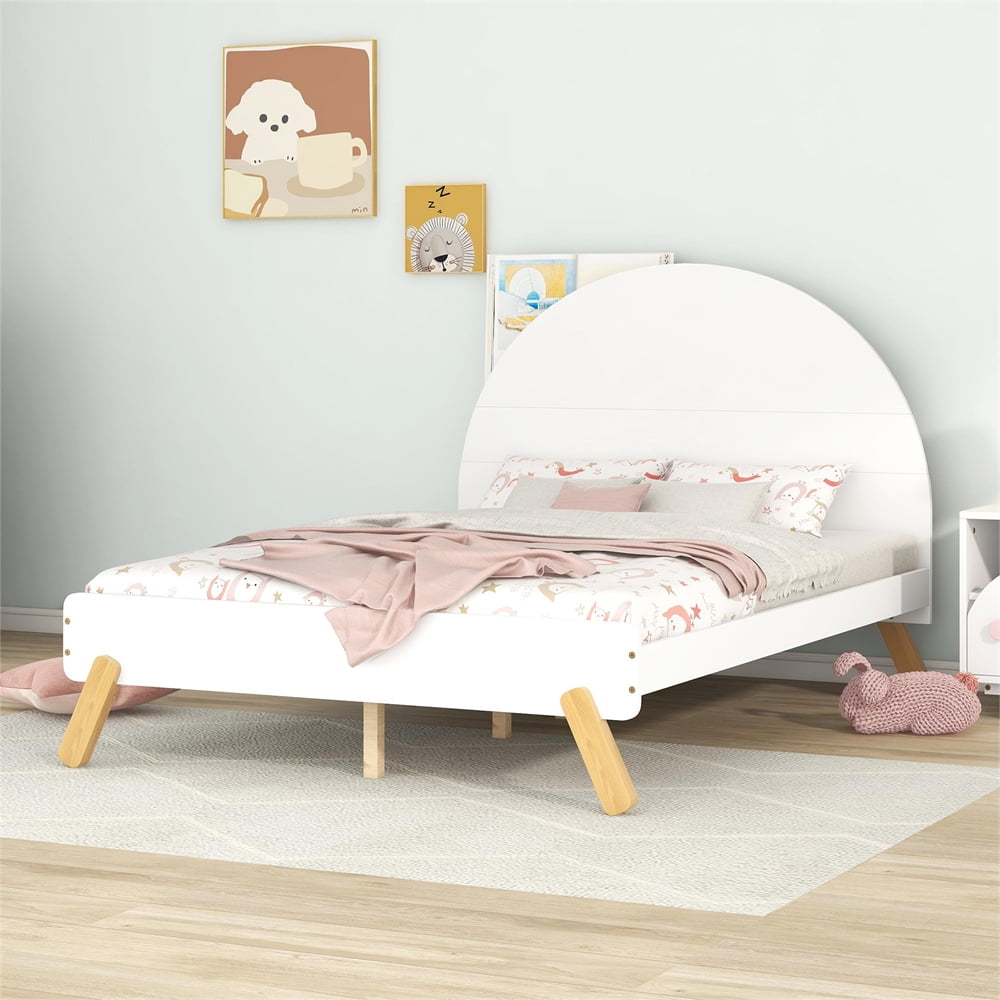 Full Platform Bed with Curved Headboard, Platform Bed Frame with Shelf ...