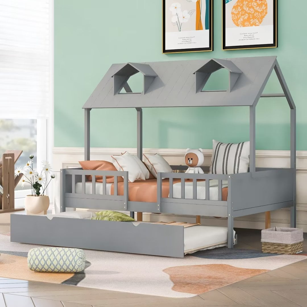 Full Size Platform Bed,Wood House Bed with Twin Size Pull-Out Trundle ...