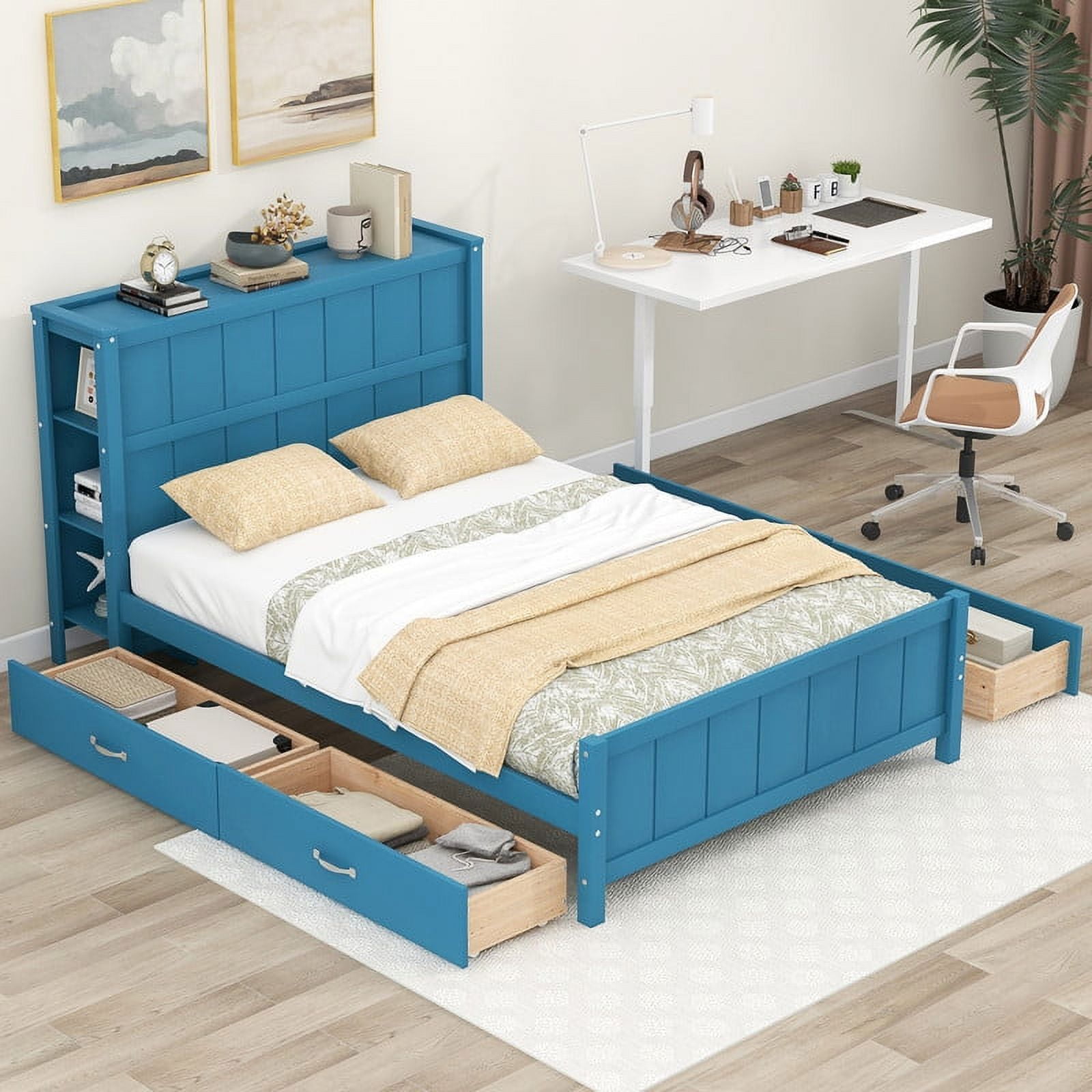 Full Size Platform Bed with 4 Drawers,Wooden Full Platform Bed Frame ...