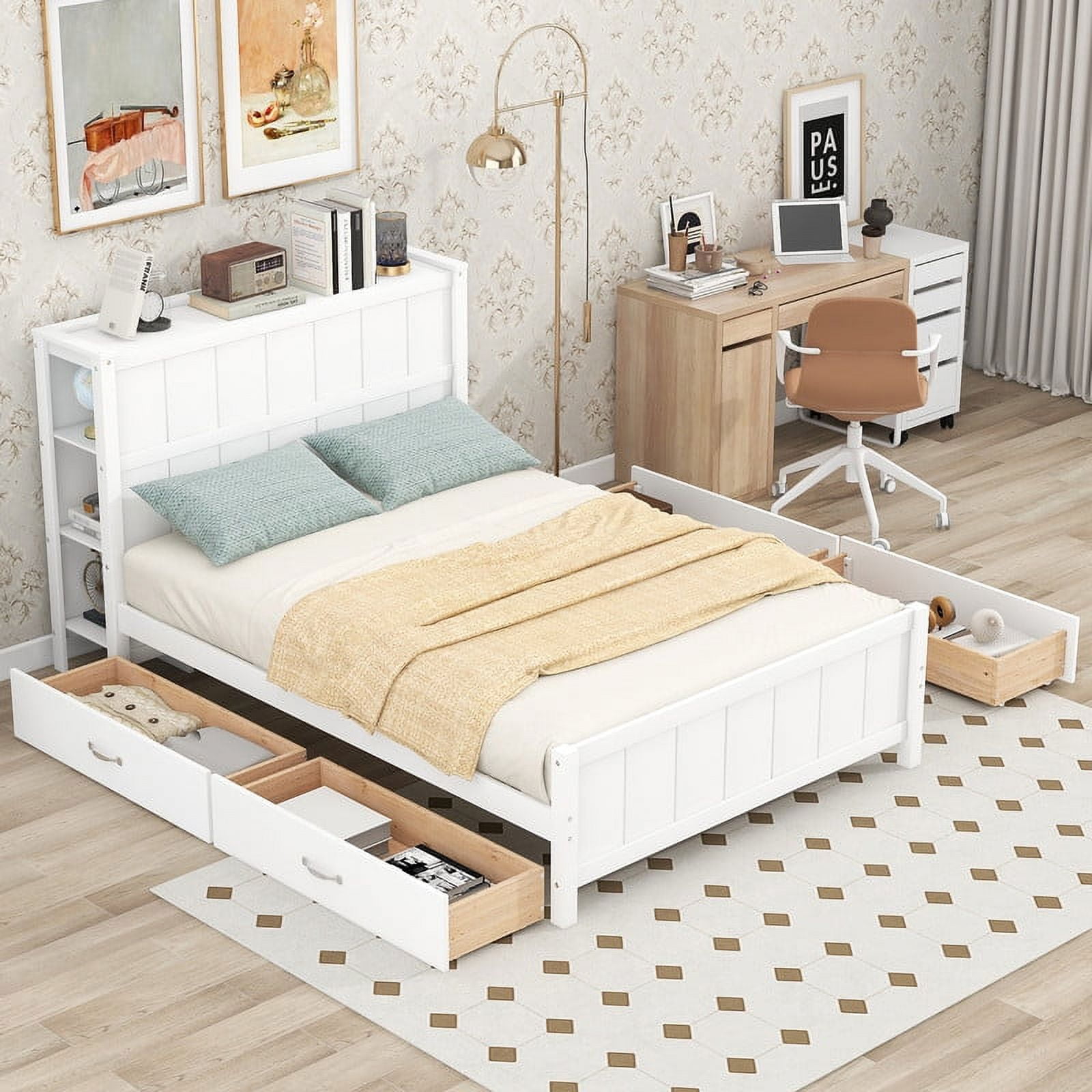 Full Size Platform Bed with 4 Drawers,Wooden Full Platform Bed Frame ...