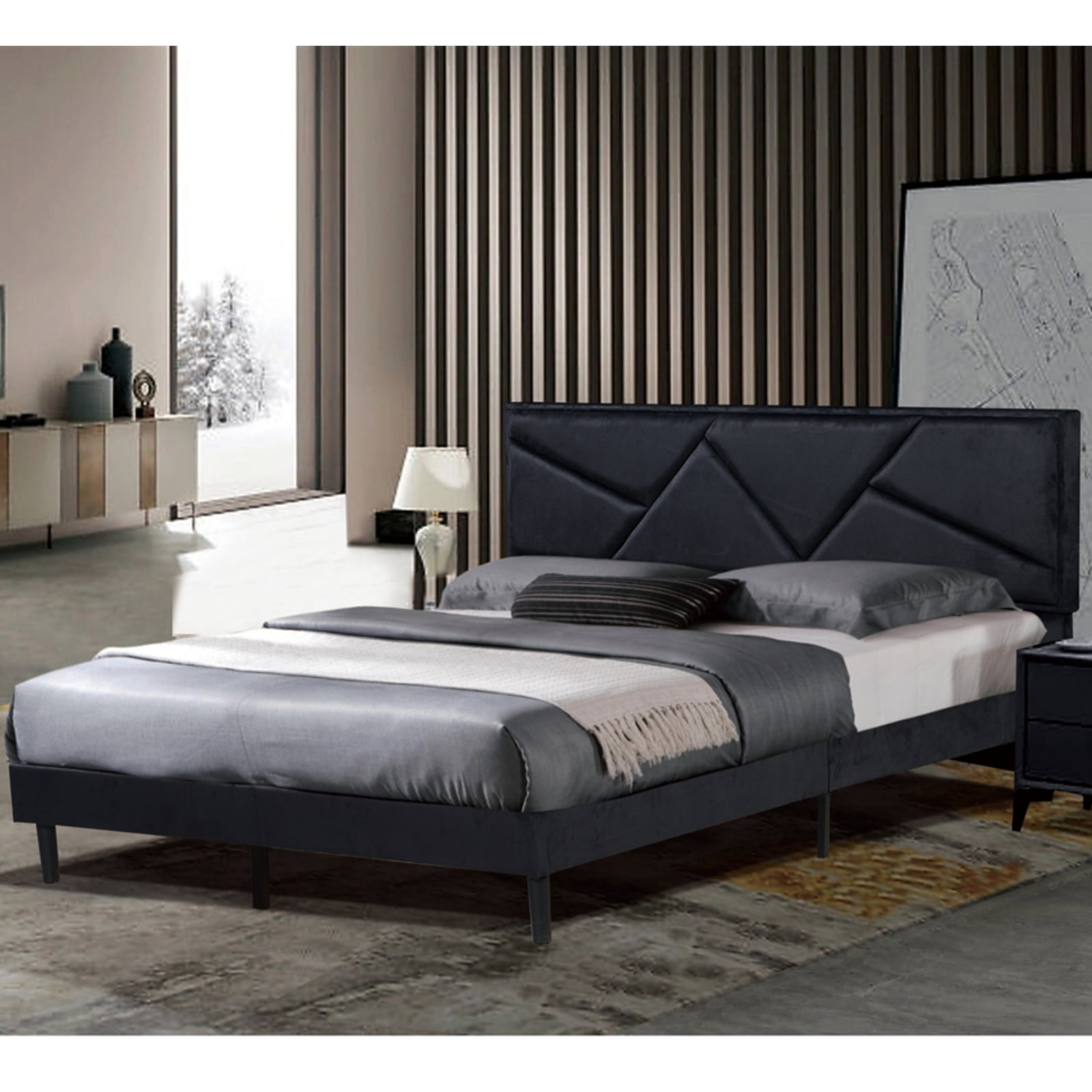 Full Size Platform Bed with Adjustable Padded Headboard, Modern Wooden ...