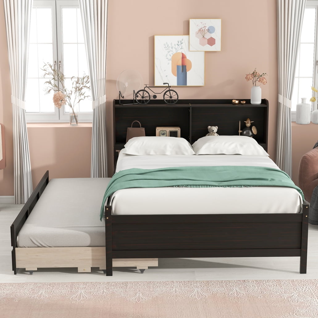 Full Size Platform Bed with Bookcase Pull Out Drawers and Twin Trundle ...