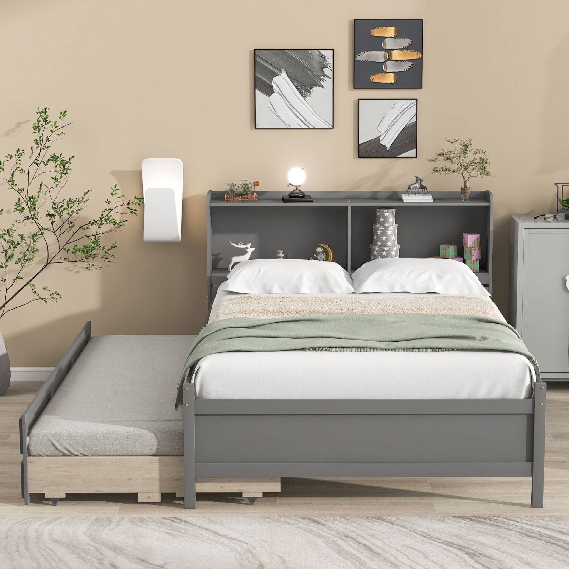 Full Size Platform Bed with Bookcase Pull Out Drawers and Twin Trundle ...