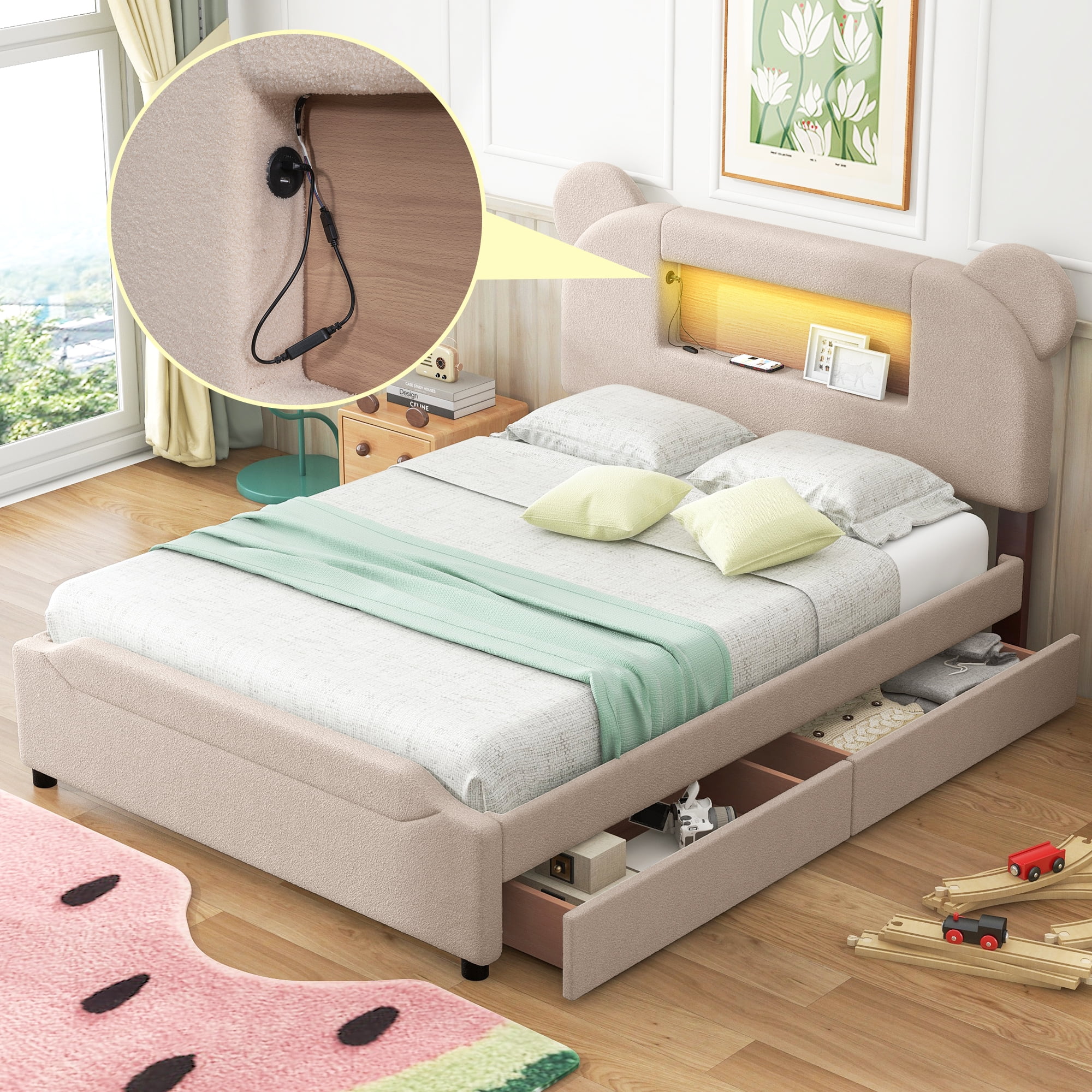 Full Size Platform Bed with Cartoon Ears Headboard, LED Lights, USB ...