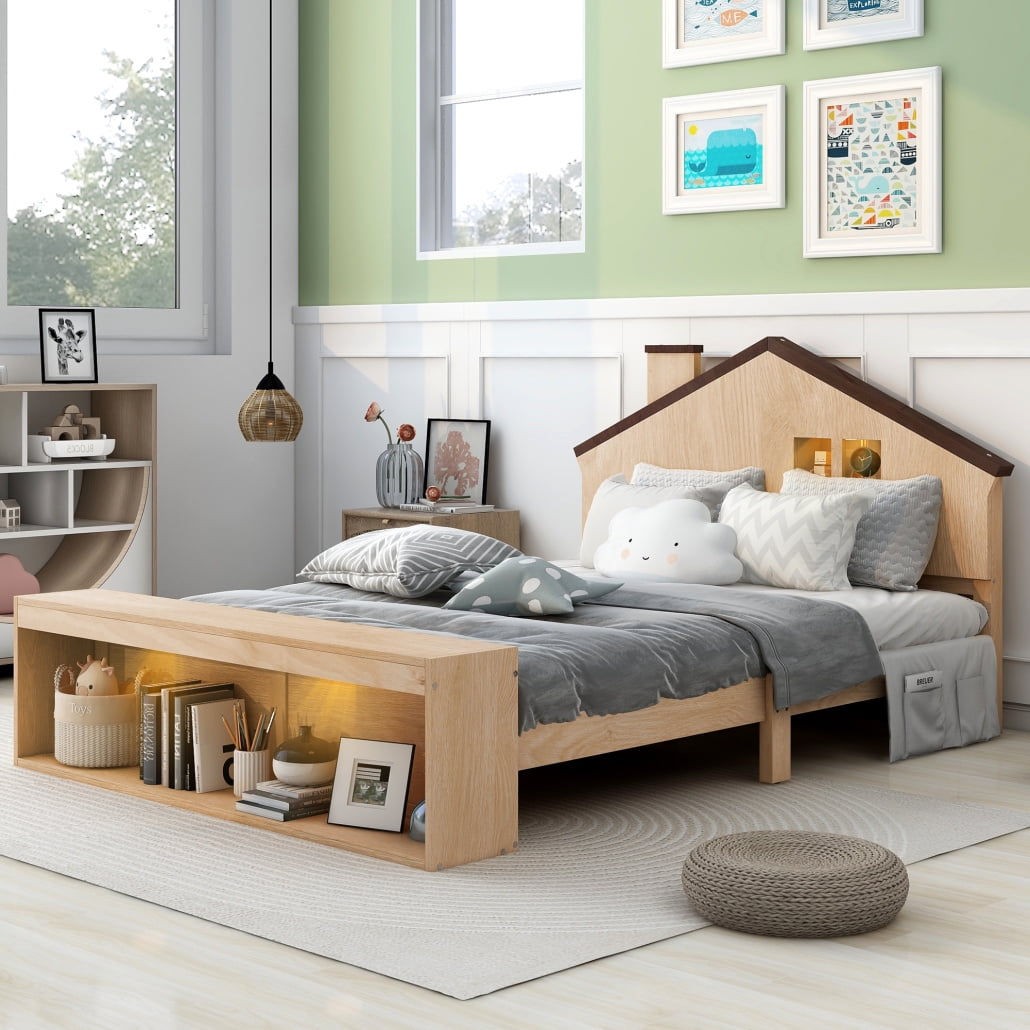 Full Size Platform Bed with Headboard,Solid Wood House Shaped Platform ...