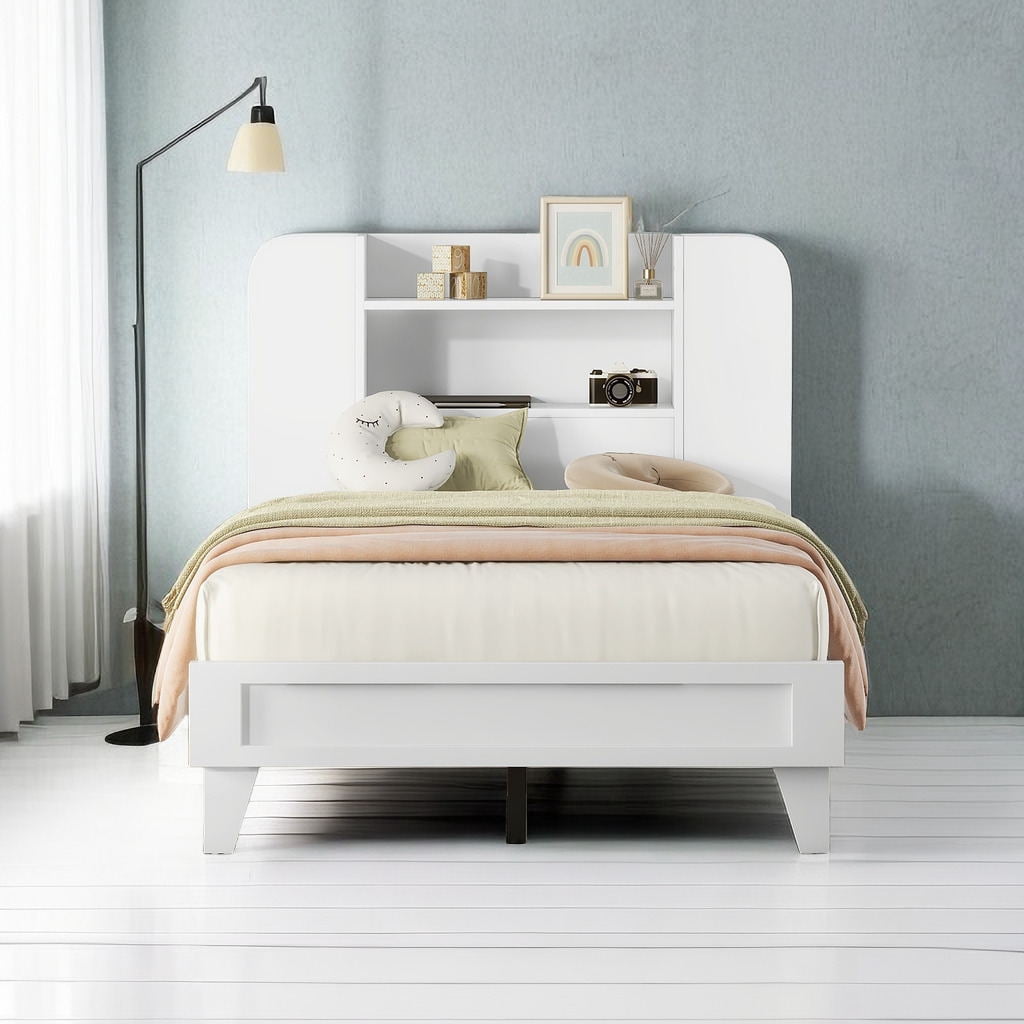 Full Size Platform Bed with Storage Headboard, Wood Frame Platform Bed ...