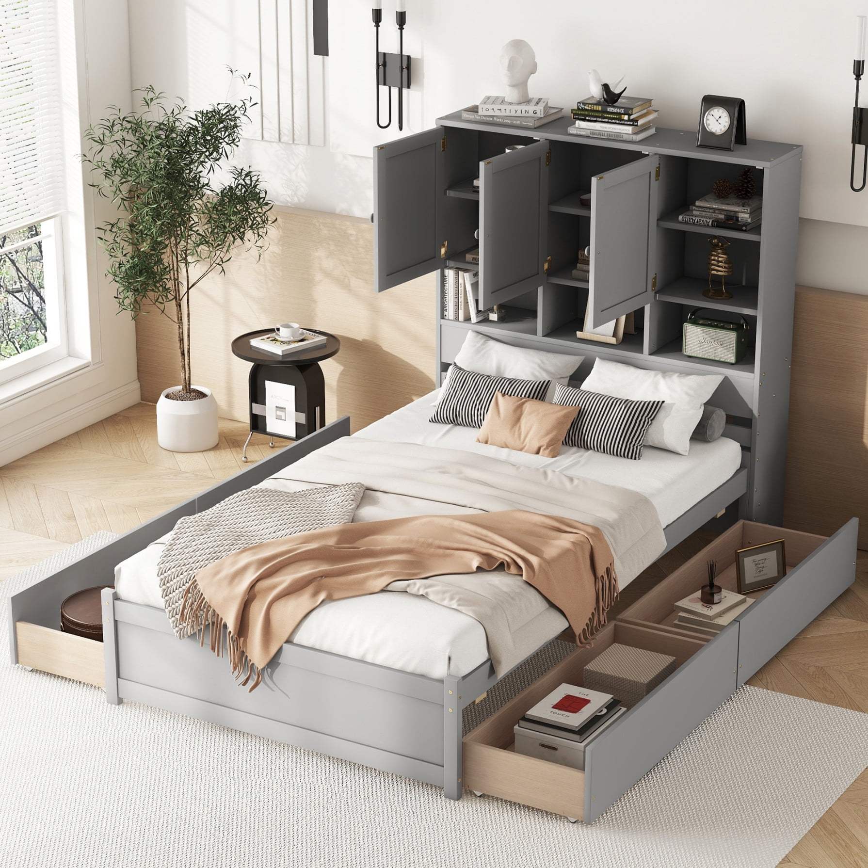 Full Size Platform Bed with Storage Headboard and 4 Drawers, Solid Wood ...