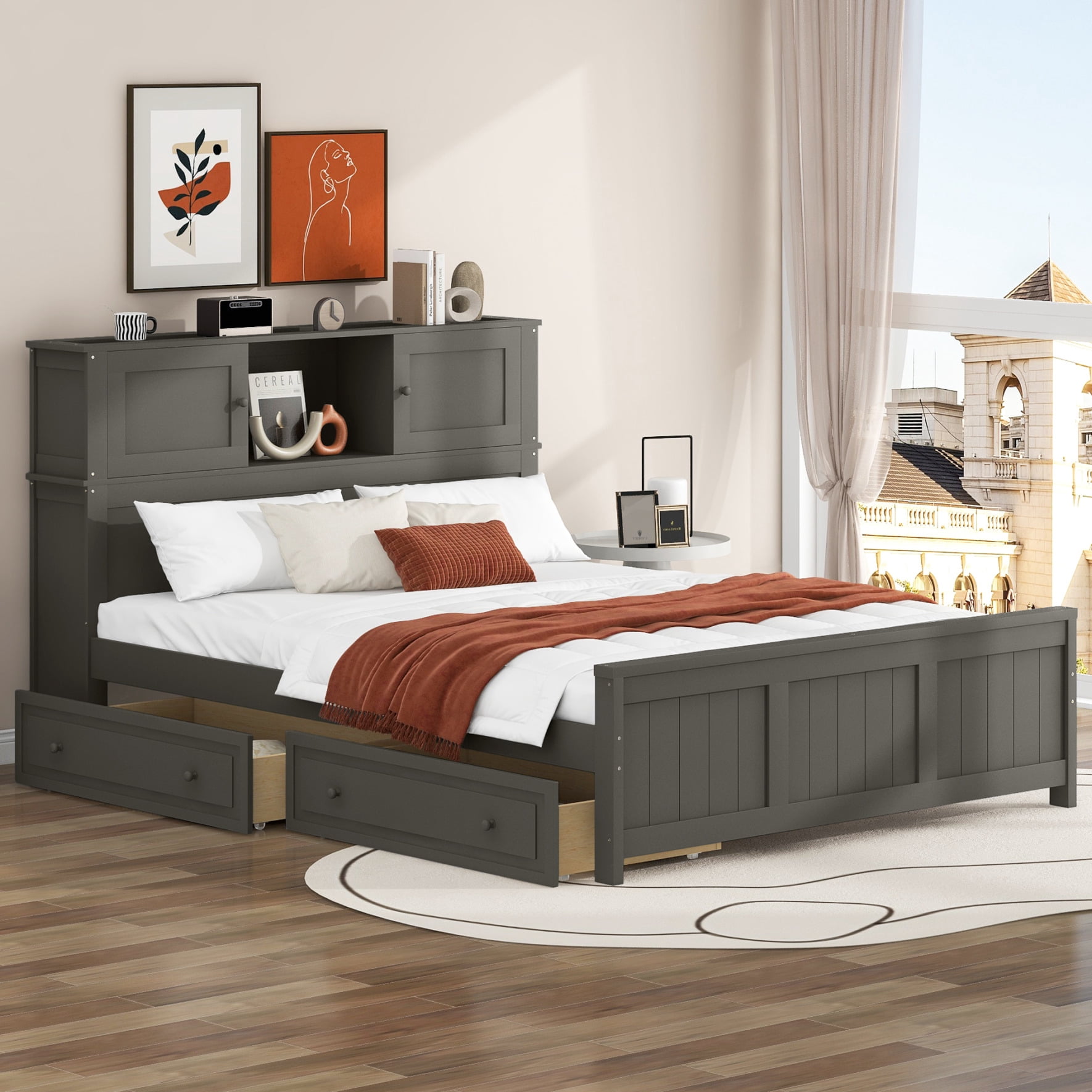 Full Size Platform Bed with Storage Headboard and Sliding Door, Wooden ...