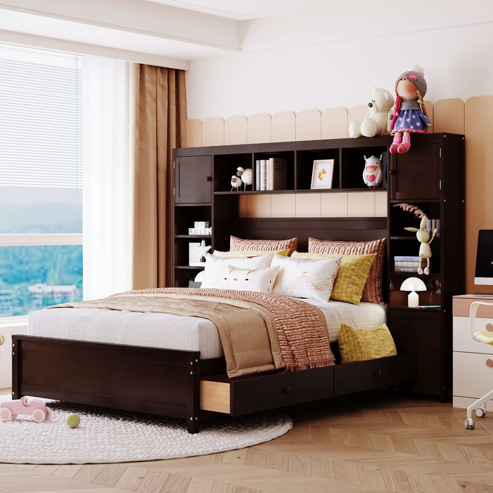 Full Size Platform Wooden Bed with 4 Drawers, Bed Frame with All-in-One ...