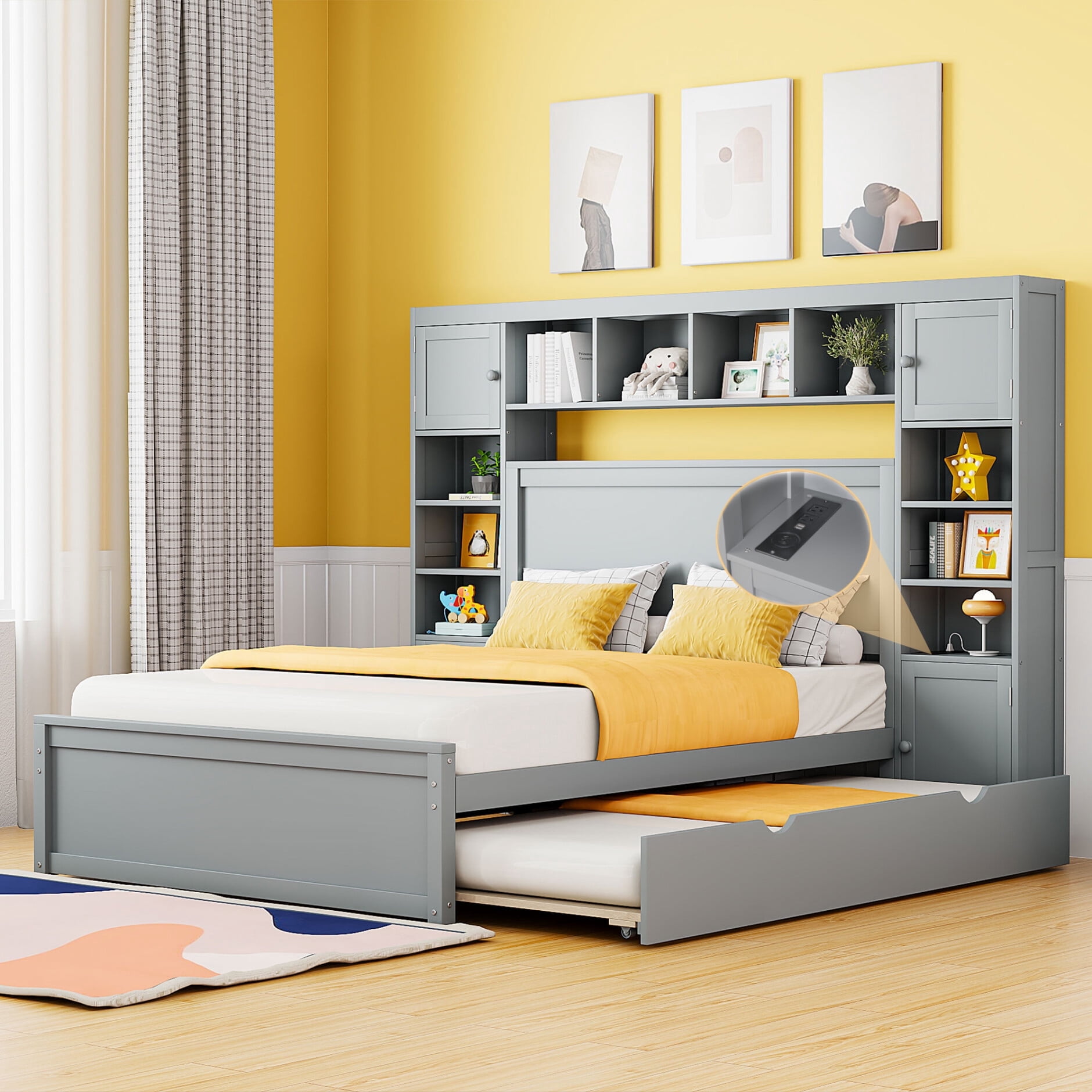 Full Size Platform Wooden Bed with Sockets and 2 Drawers, Bed Frame ...