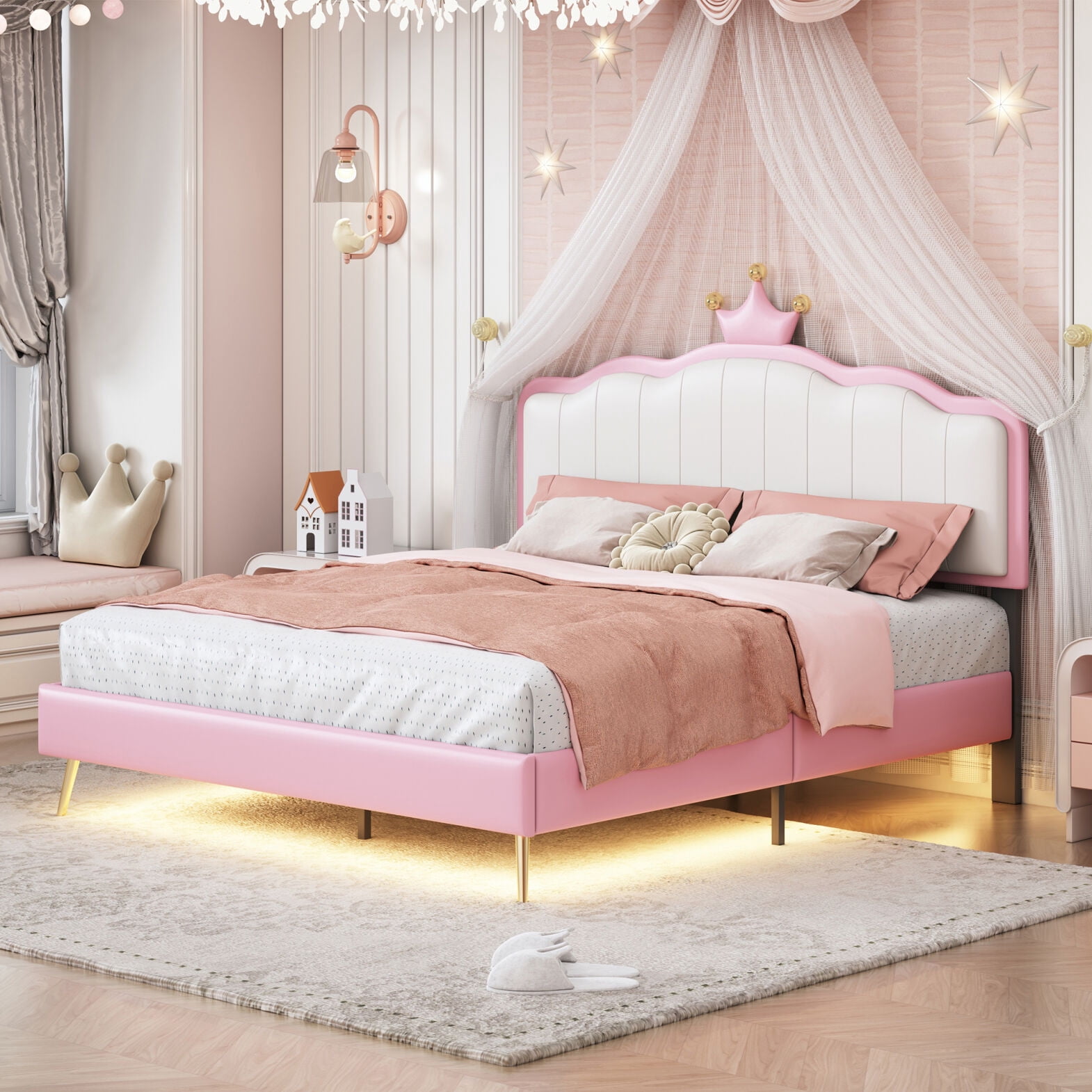 Full Size Princess Bed with Crown Headboard, Upholstered Platform Bed ...