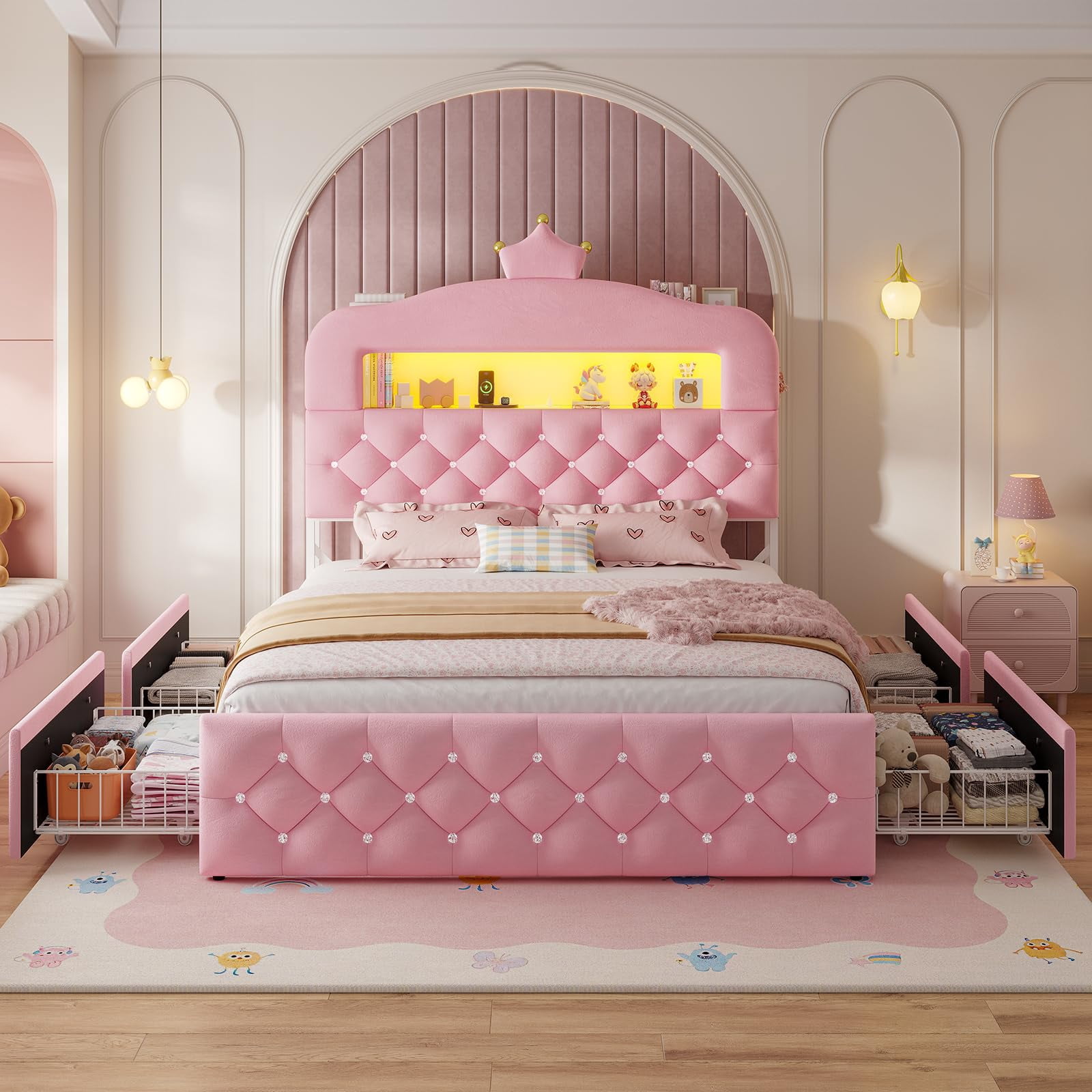 Full Size Princess Bed Frame with 4 Storage Drawers and 2-Tier Storage ...