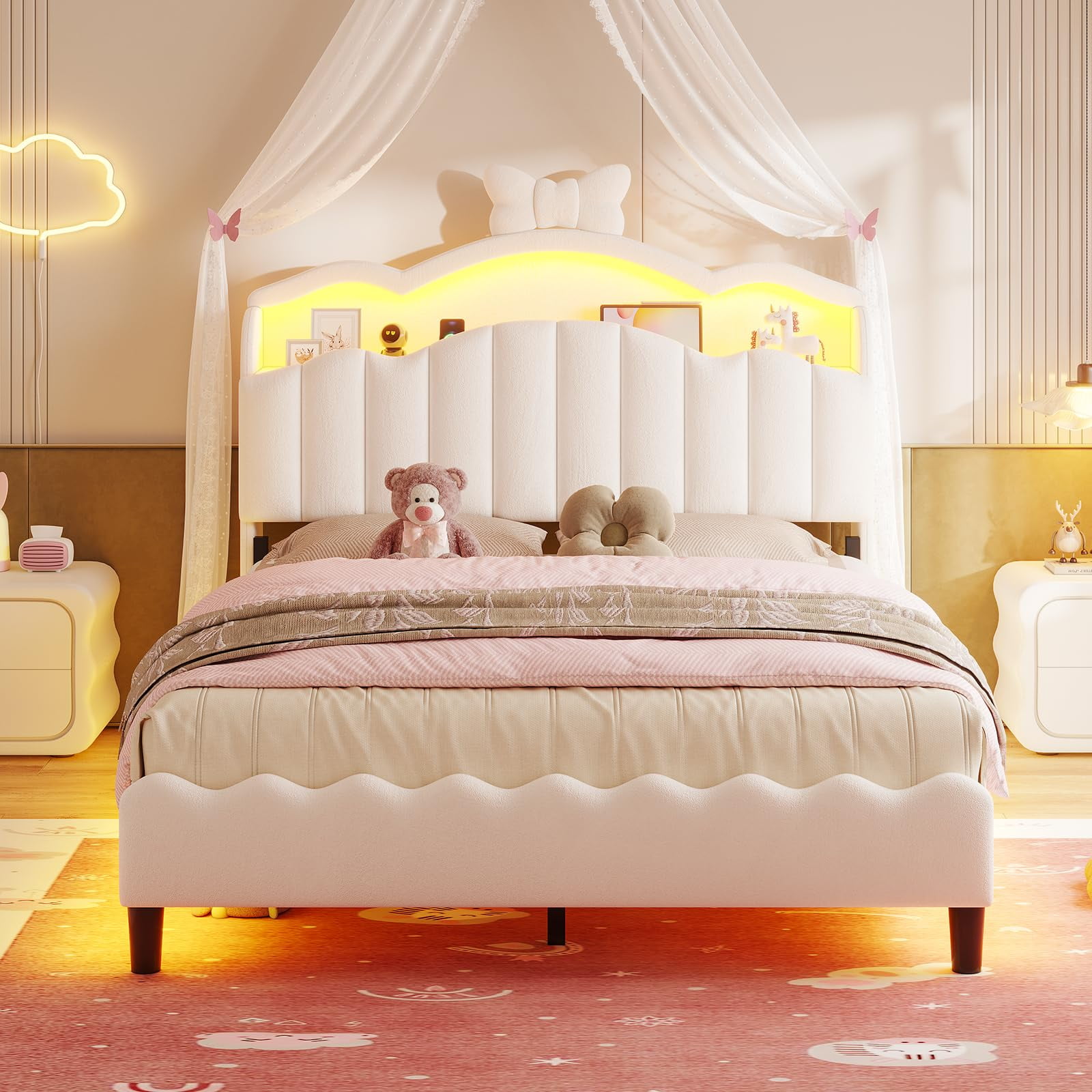 Full Size Princess Bed Frame with Storage Headboard, Velvet Upholstered ...