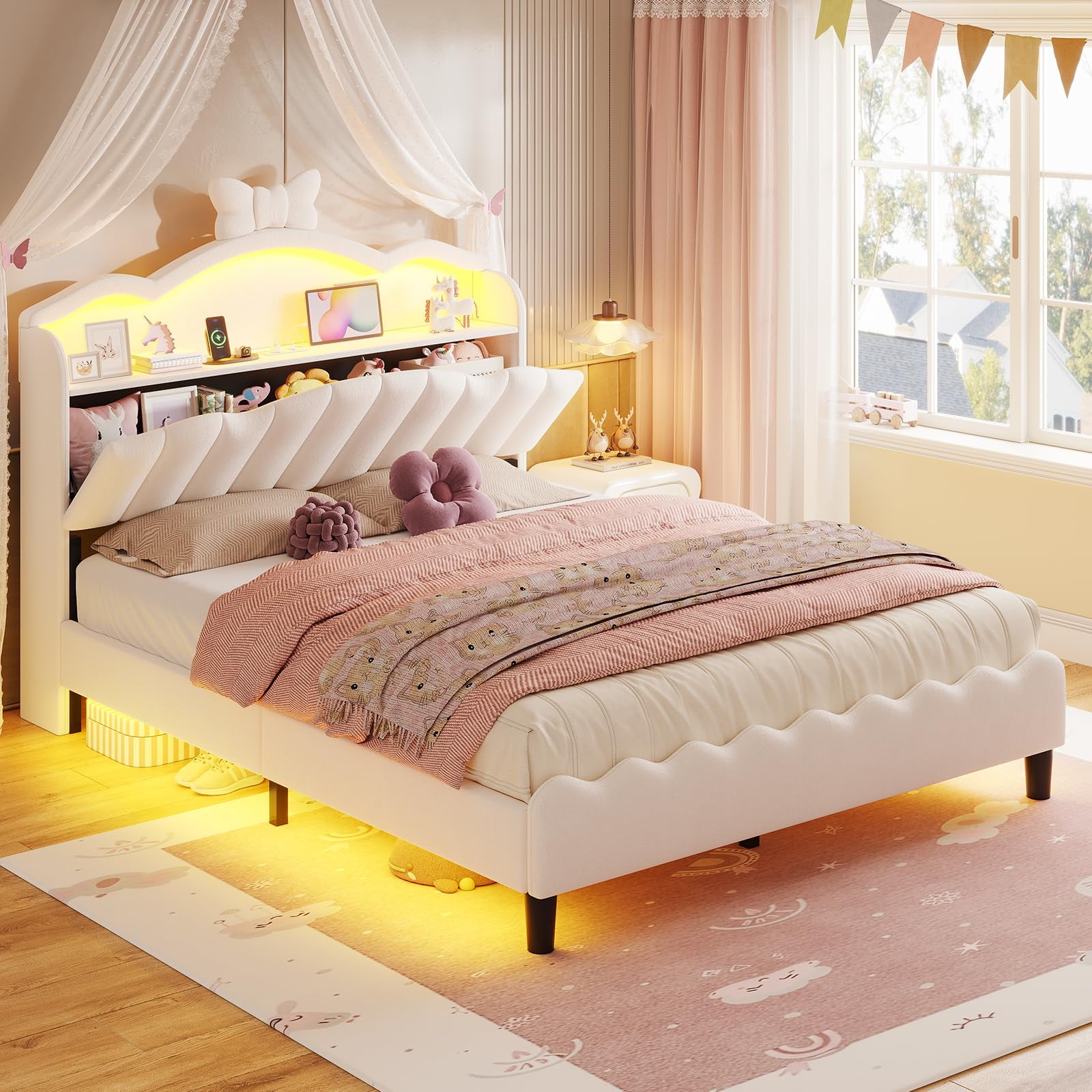 Full Size Princess Bed Frame with LED Light & Charging Station, Velvet ...