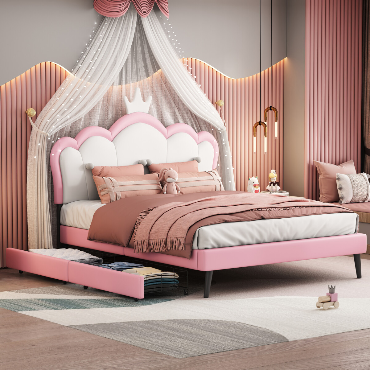 Full Size Princess Bed With Crown Headboard and 2 Drawers, Platform Bed ...