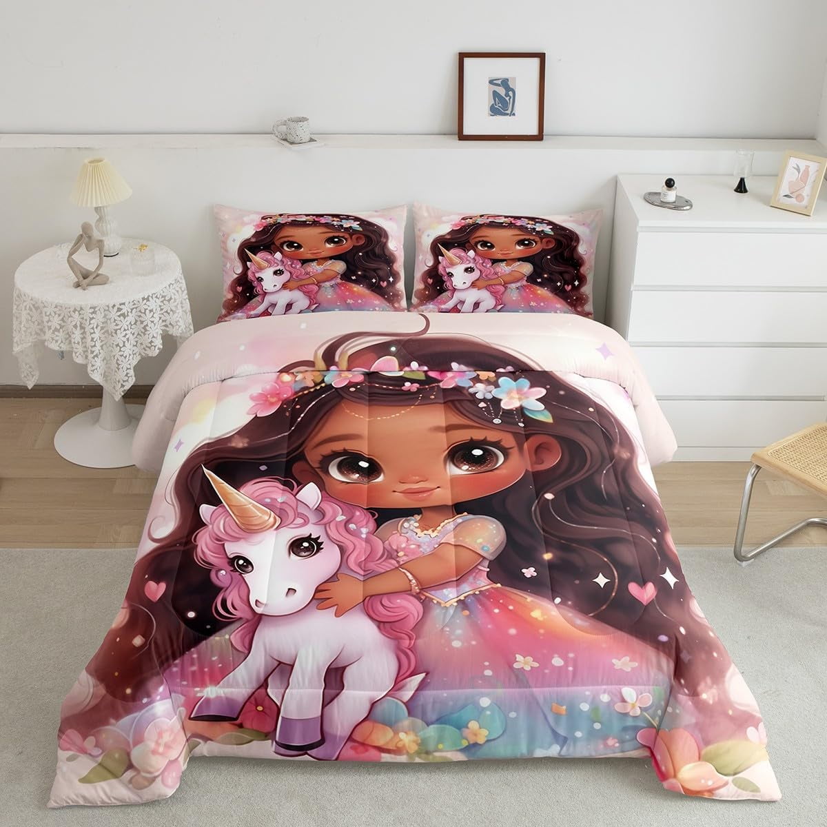Full Size Princess Comforter Set, Cute Girl Unicorn Down Comforter ...