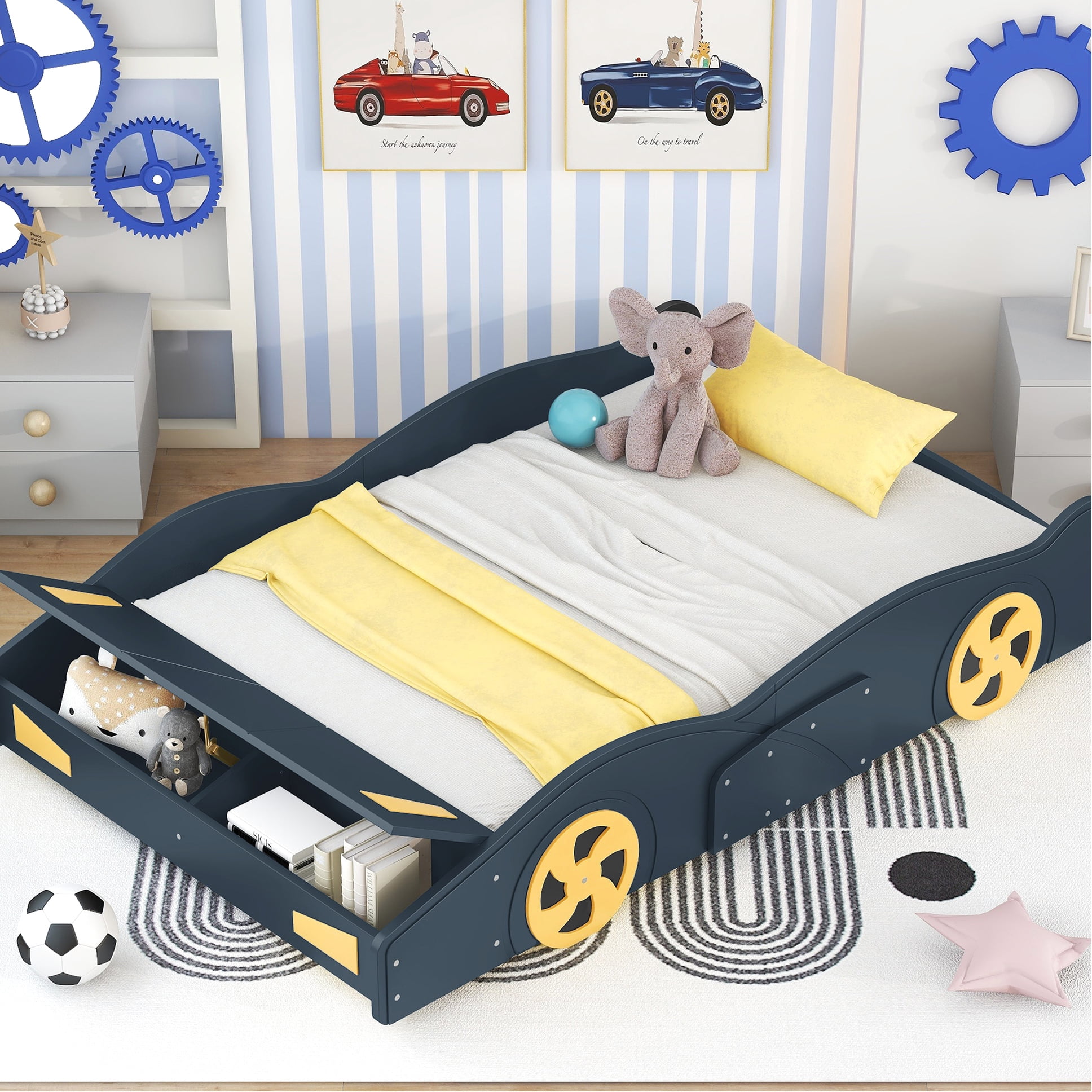 Full Size Race Car Bed With Storage And Wheels - Dark Blue/yellow Wood ...
