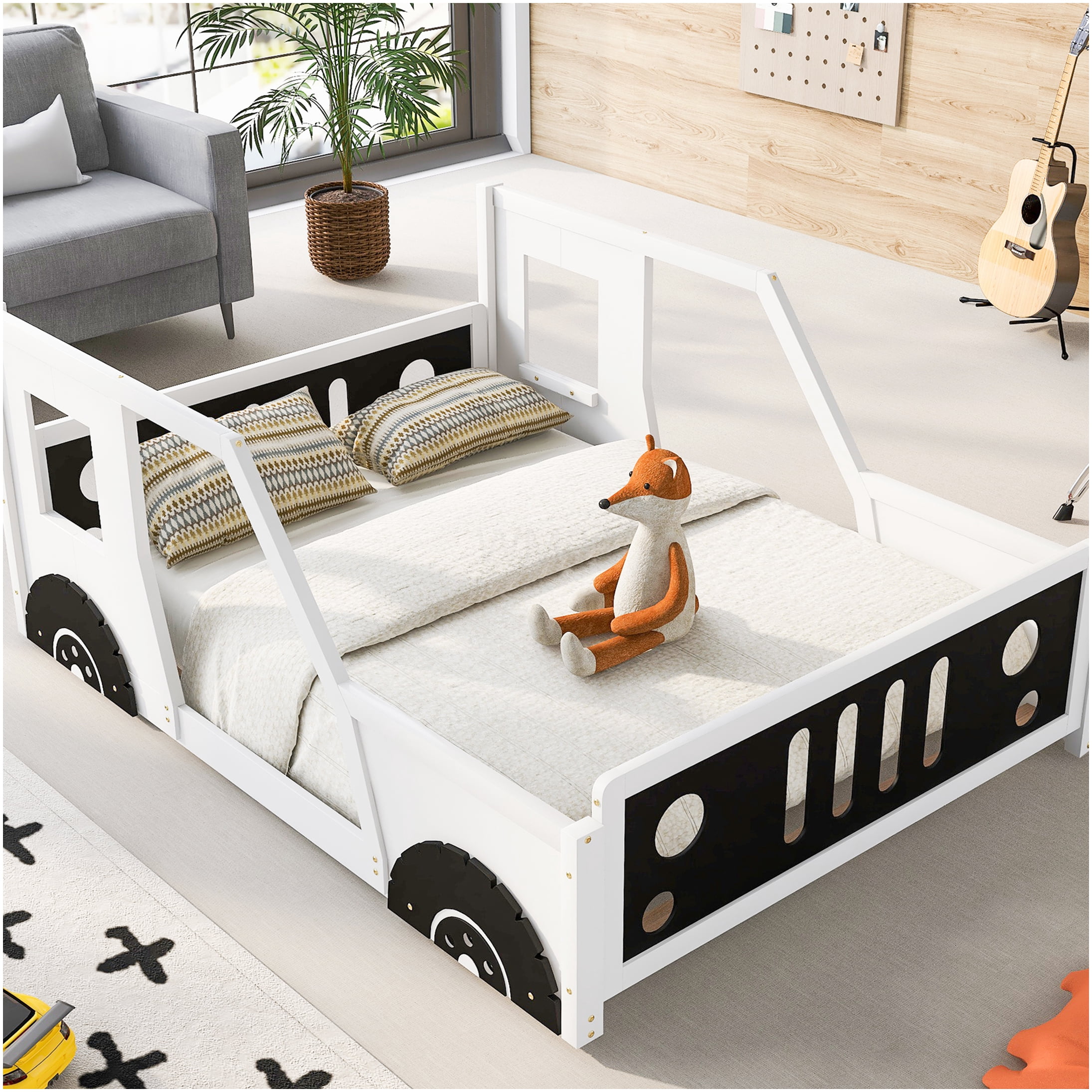 Full Size Race Car Bed with Wheels, White MDF Frame, Sturdy Platform ...