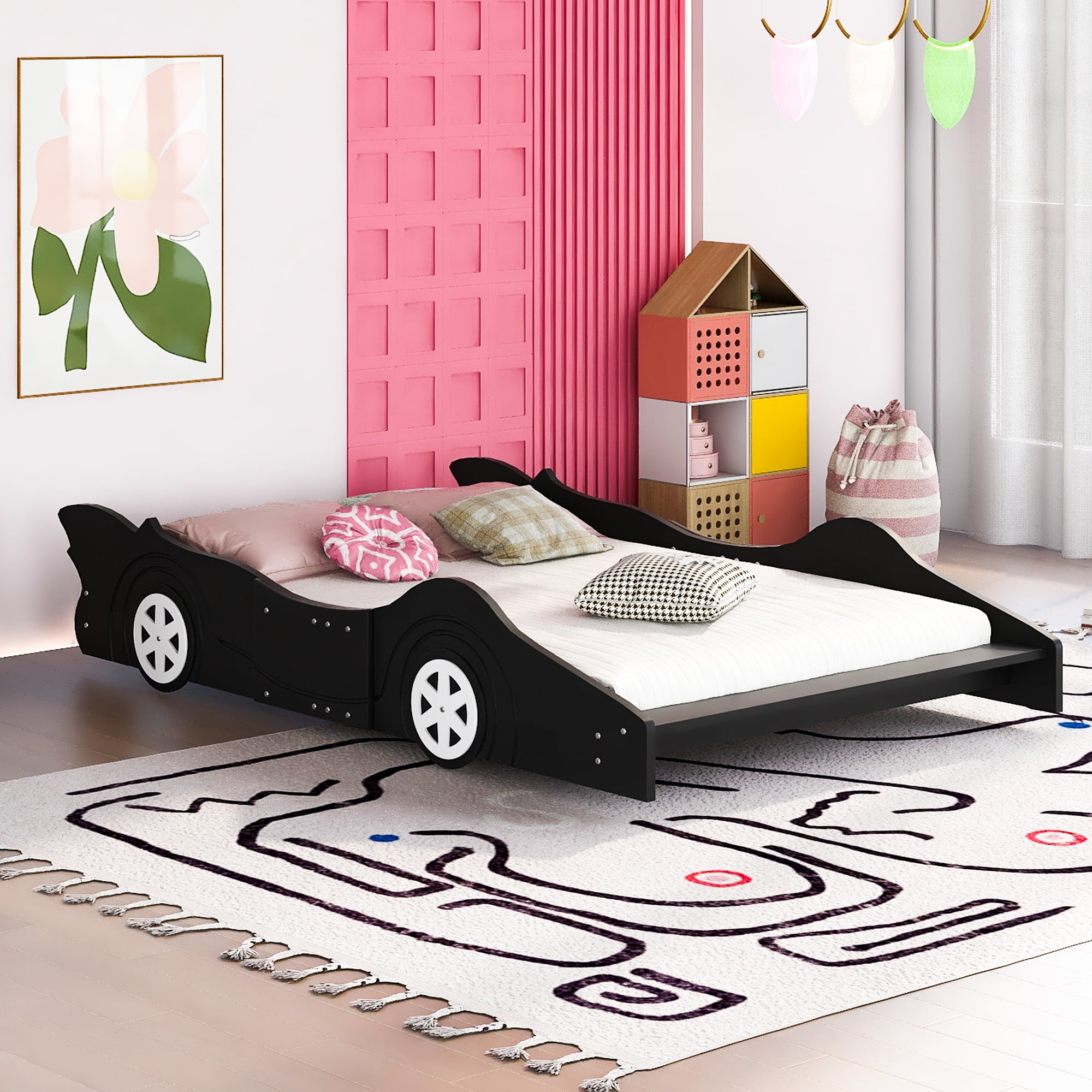Full Size Race Car-Shaped Platform Bed, Funny wooden Race Car Bed with ...
