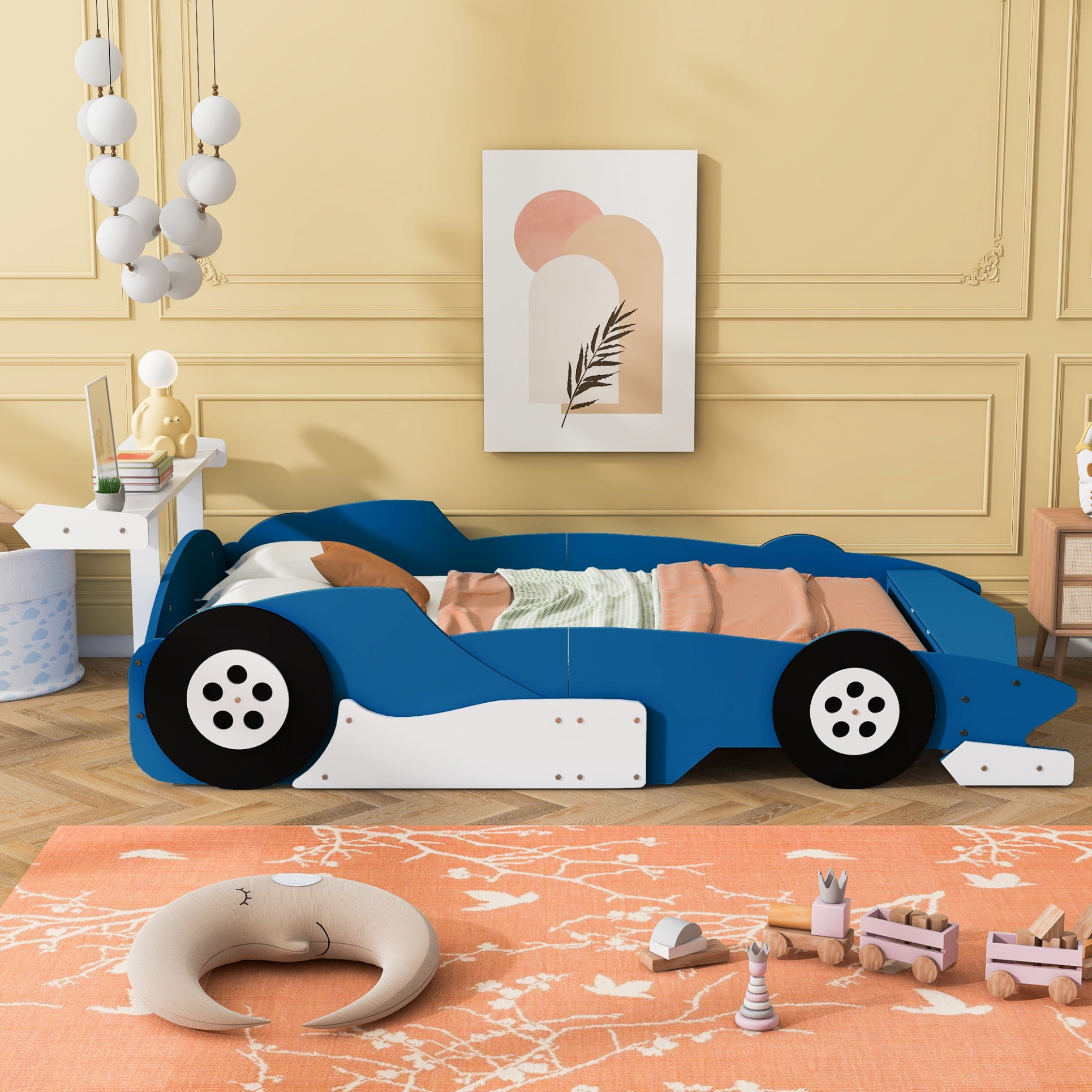 Full Size Race Car-Shaped Platform Bed with Wheels, Wooden Platform Bed ...