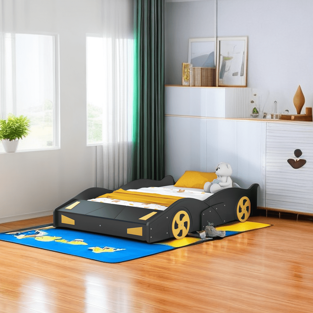 Full Size Race Car-Shaped Platform Bed with Storage and Decorative ...