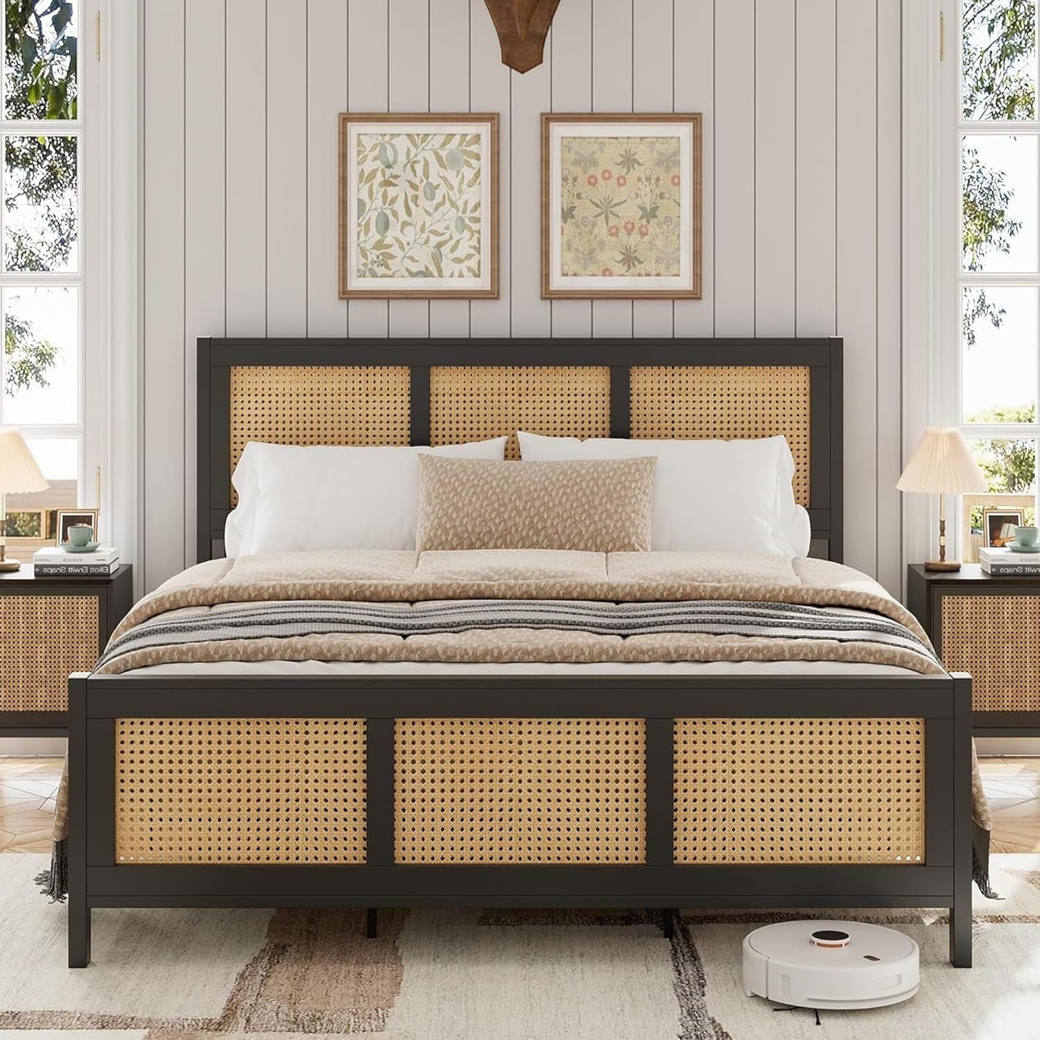 Full Size Rattan Bed Frame with Headboard, Black Boho Cane Platform Bed ...