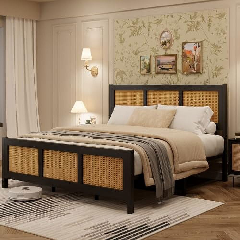 Full Size Rattan Bed Frame with Headboard, Black Boho Cane Platform Bed ...