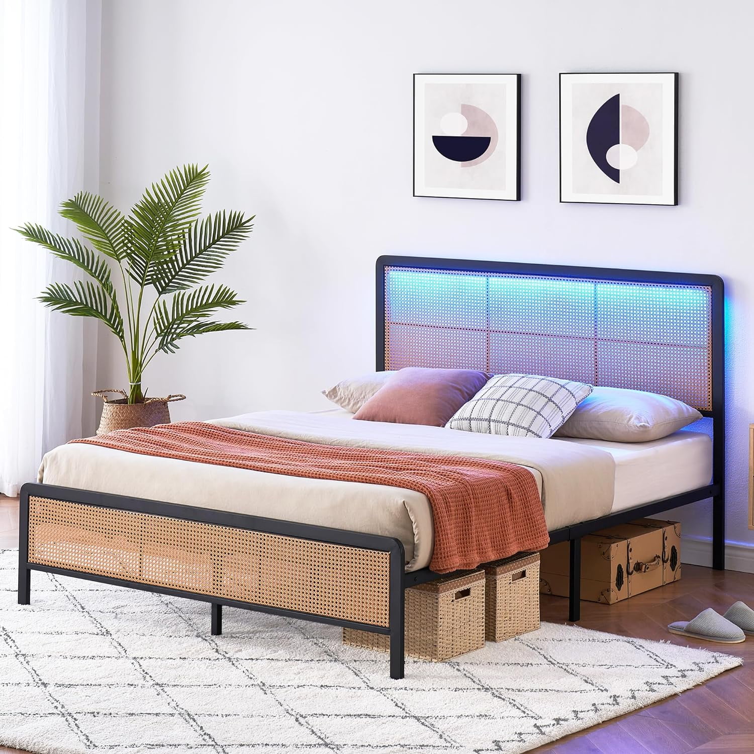 Full Size Rattan Platform Bed Frame with Led Light Headboard, Modern ...
