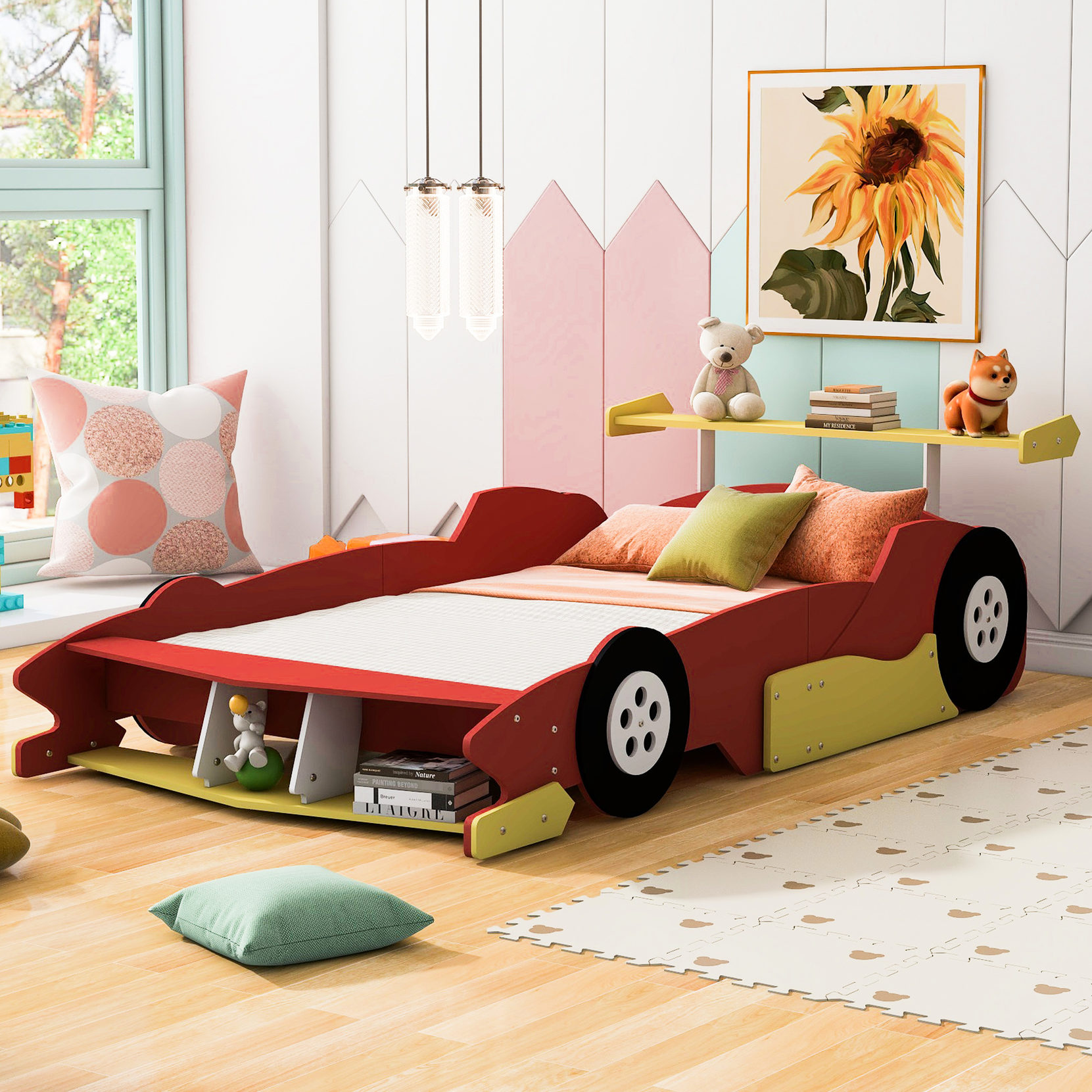Full Size Red Race Car-Shaped Platform Bed with Wheels | Comfortable ...