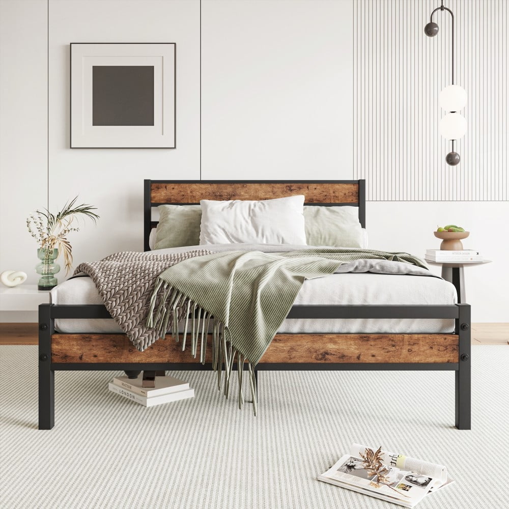 Full Size Restonic Bed Frame with Rustic Headboard | No Box Spring ...