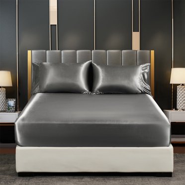 ANMINY Luxury Queen Satin Silk Sheet Set in Gray, Deep Pocket, 4-Pieces ...