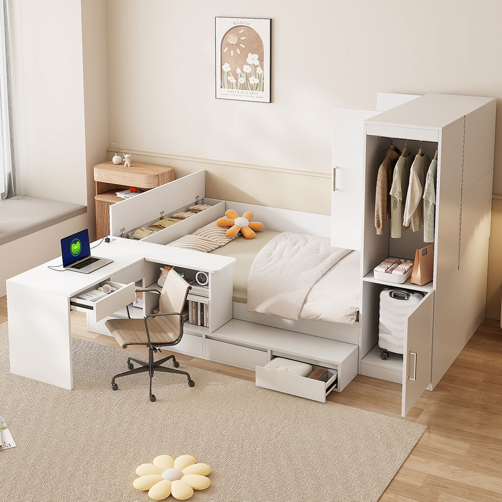 Full Size Semi-Enclosed Wood Platform Bed with Desk, Storage Drawers ...